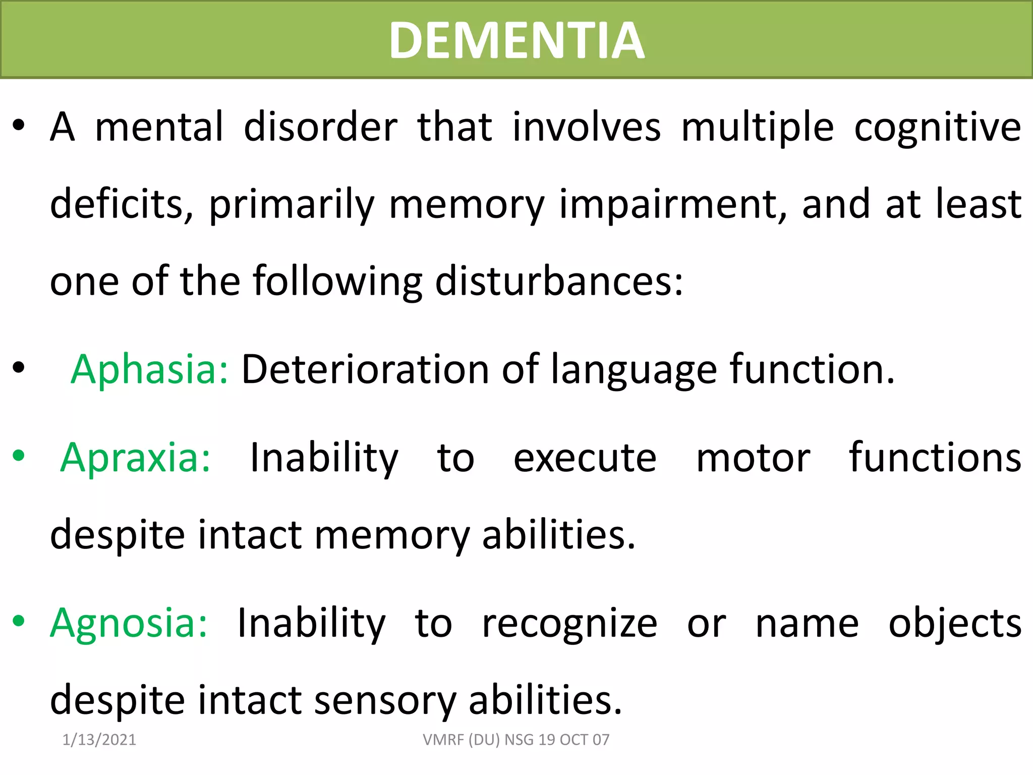 COGNITIVE DISORDER ,DEMENTIA NURSING DIAGNOSES, NURSING PROCESS FOR ...