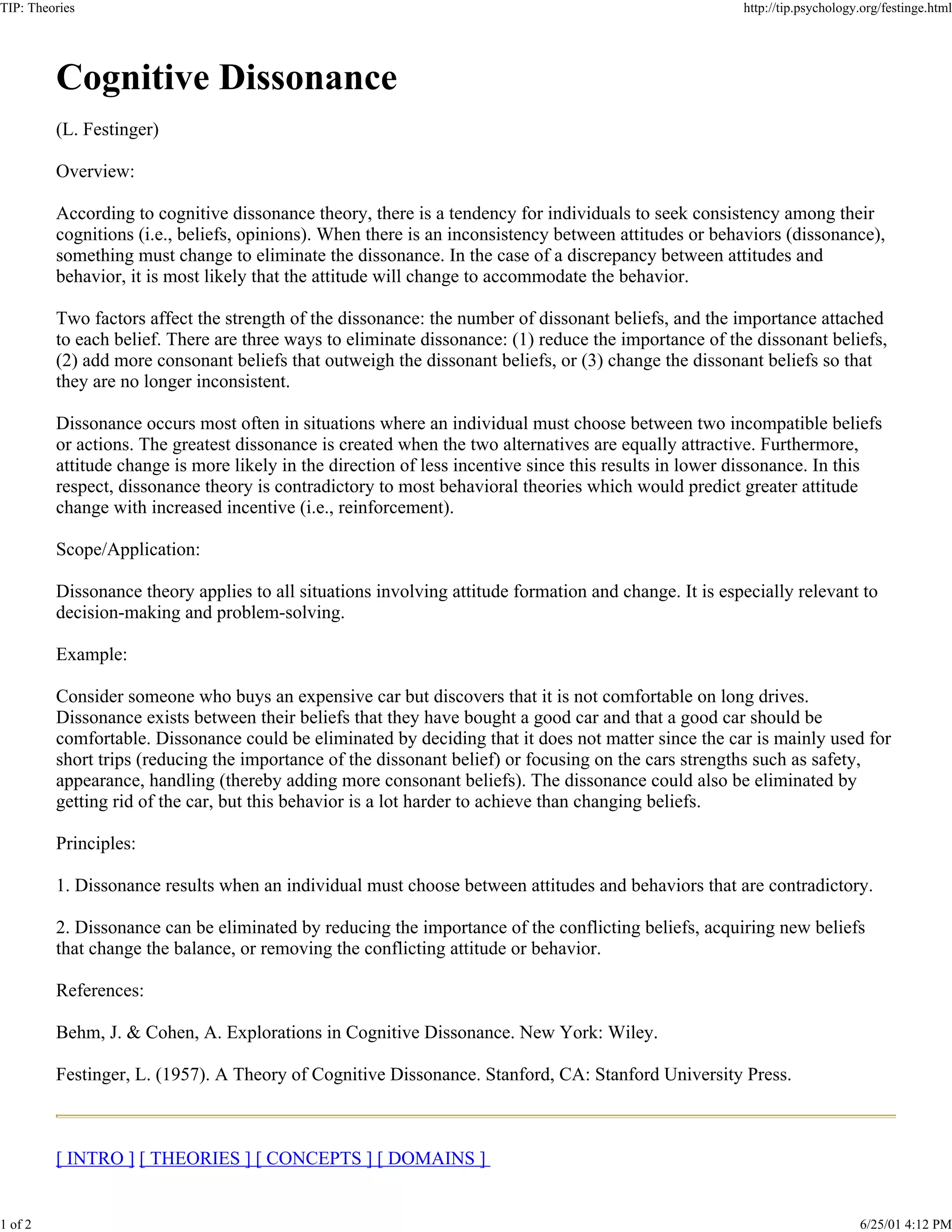 Cognitive dissonance theory | PDF