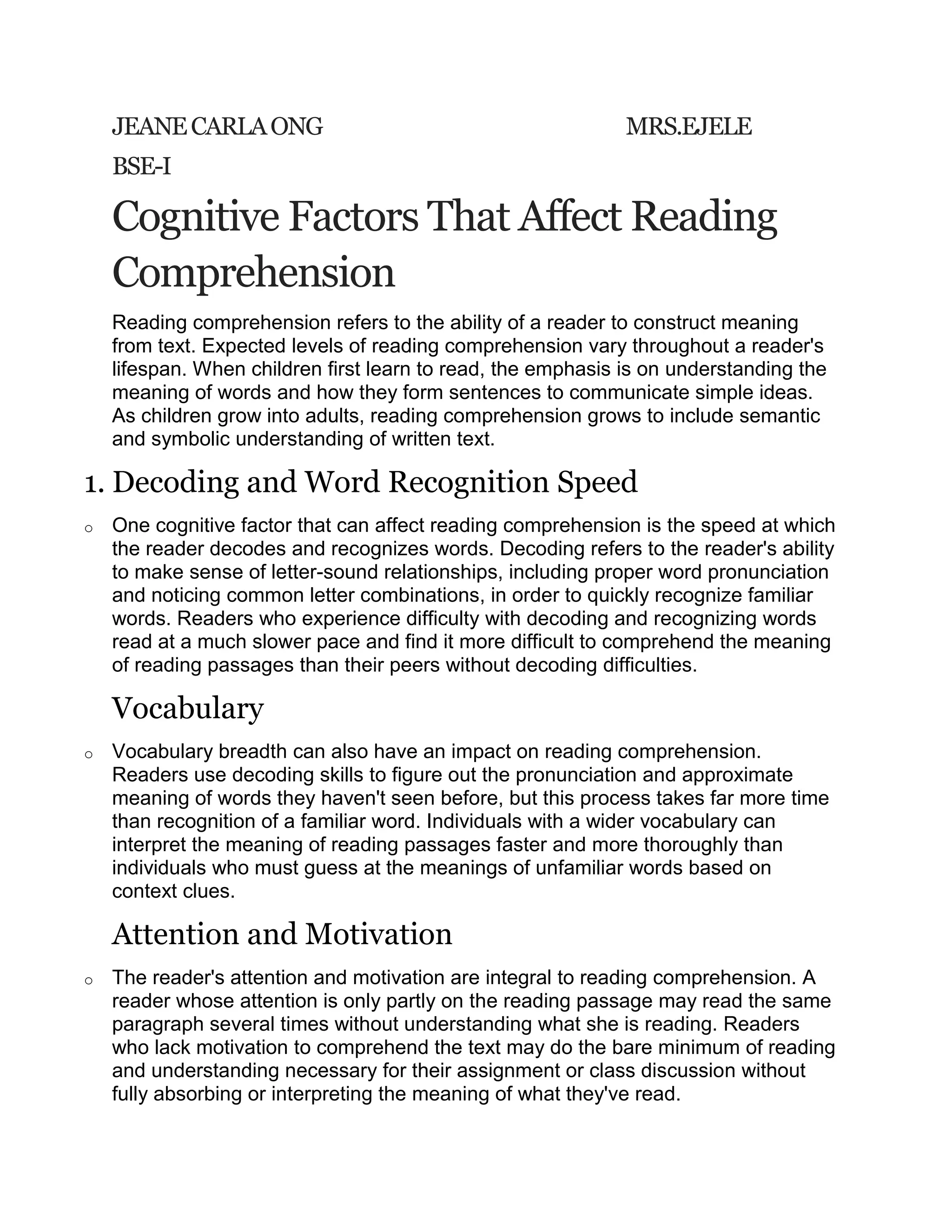 Cognitive factors that affecting reading comprehension | PDF