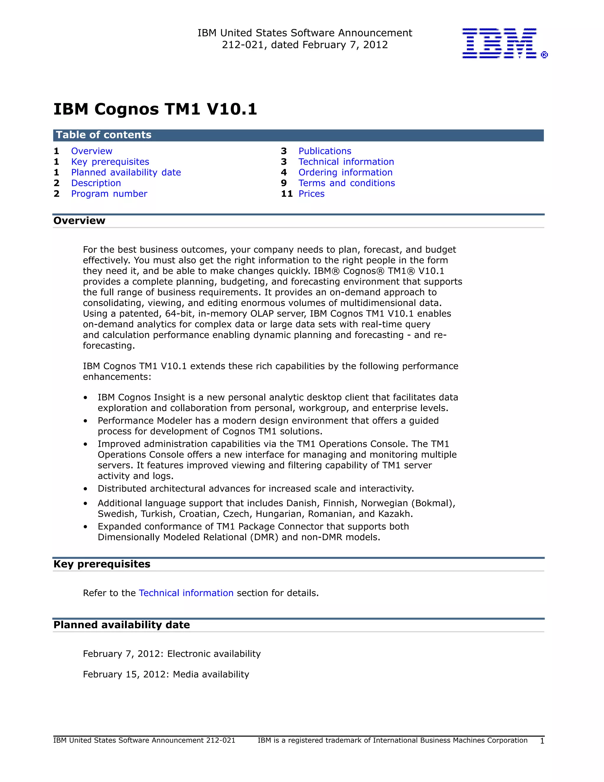 Cognos Tm1 10.1 Announcement | PDF