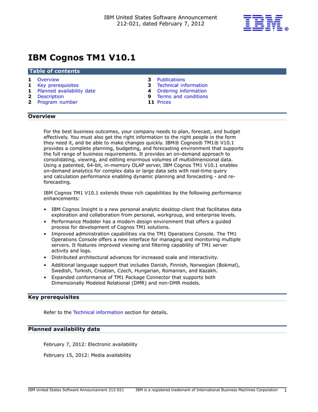 Cognos Tm1 10.1 Announcement | PDF