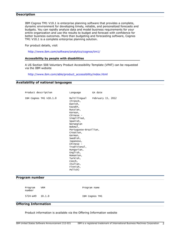 Cognos Tm1 10.1 Announcement | PDF