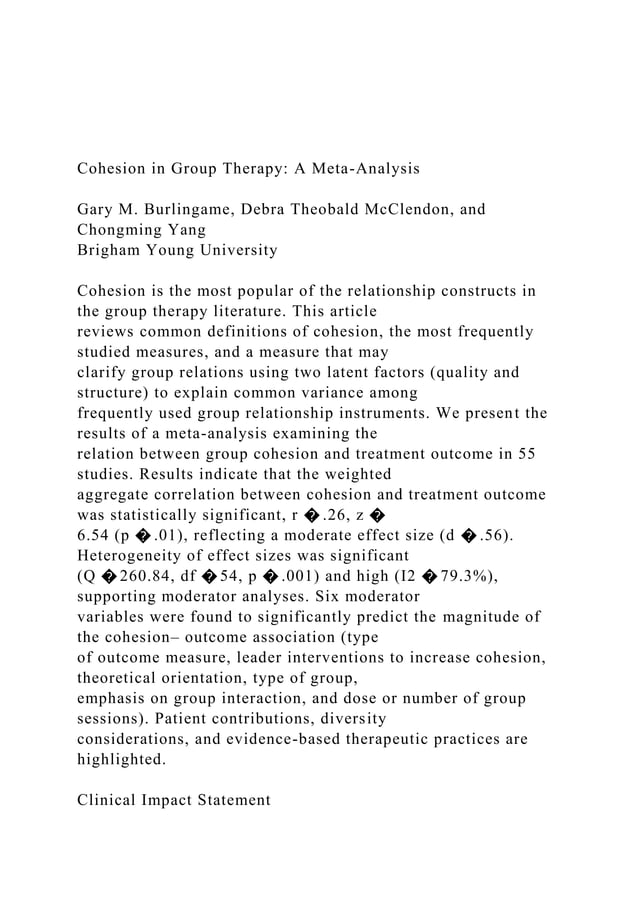 Cohesion in Group Therapy A Meta-AnalysisGary M. Burlinga.docx