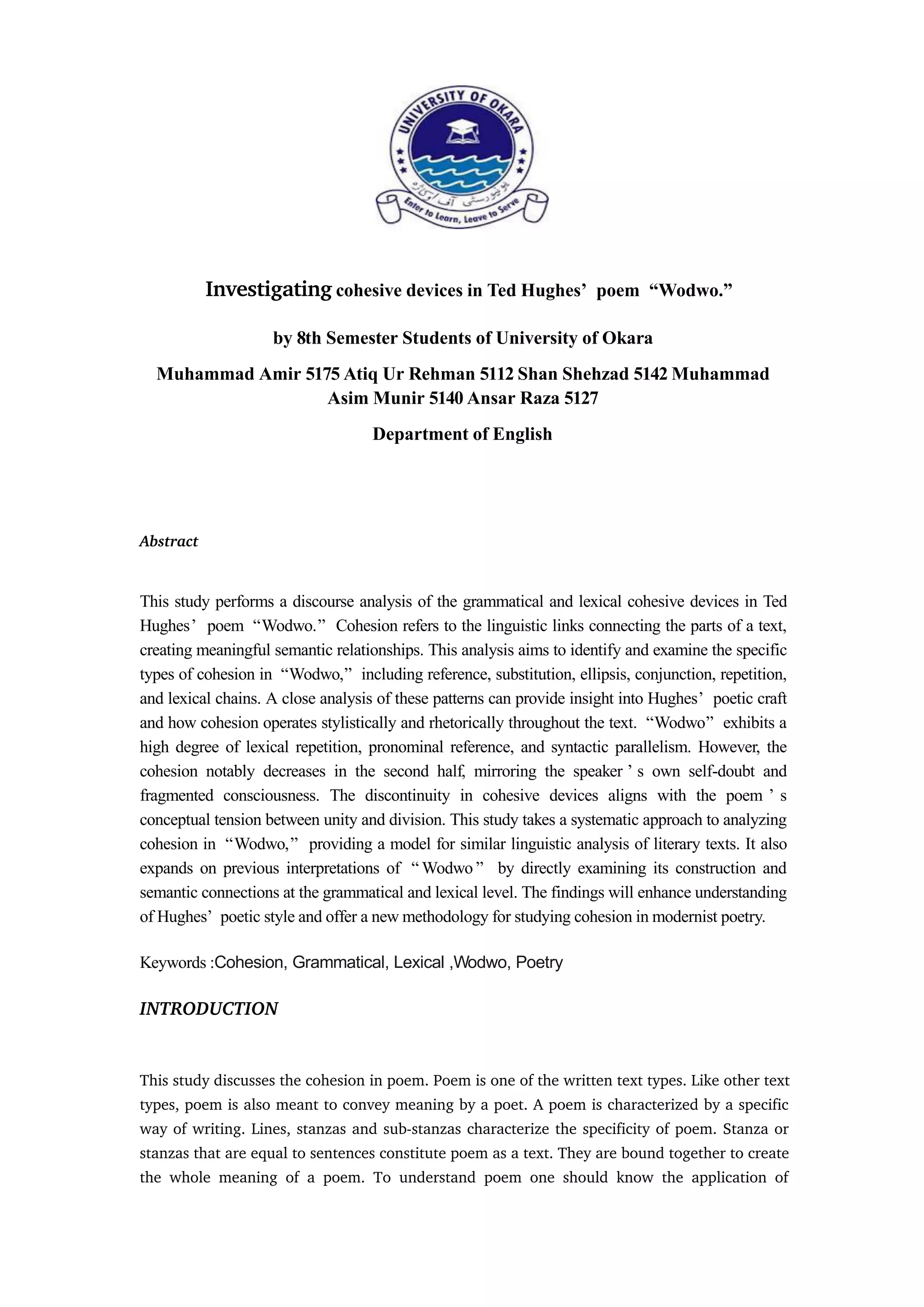 Investigating cohesive devices in Ted Hughes’ poem “Wodwo. | PDF