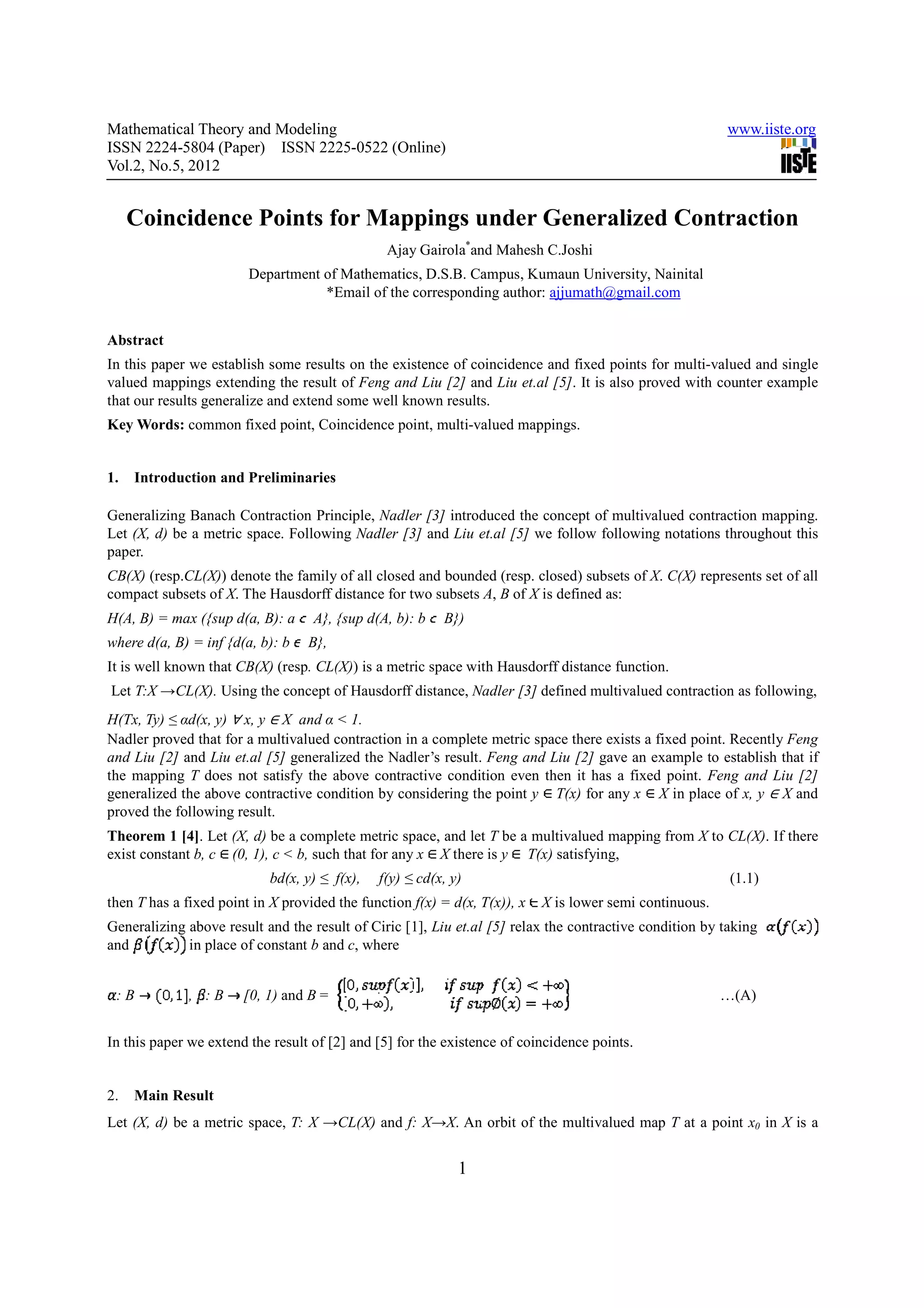 Coincidence points for mappings under generalized contraction | PDF