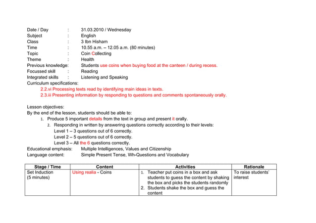 Coin collecting Lesson Plan Form 3 | PPT