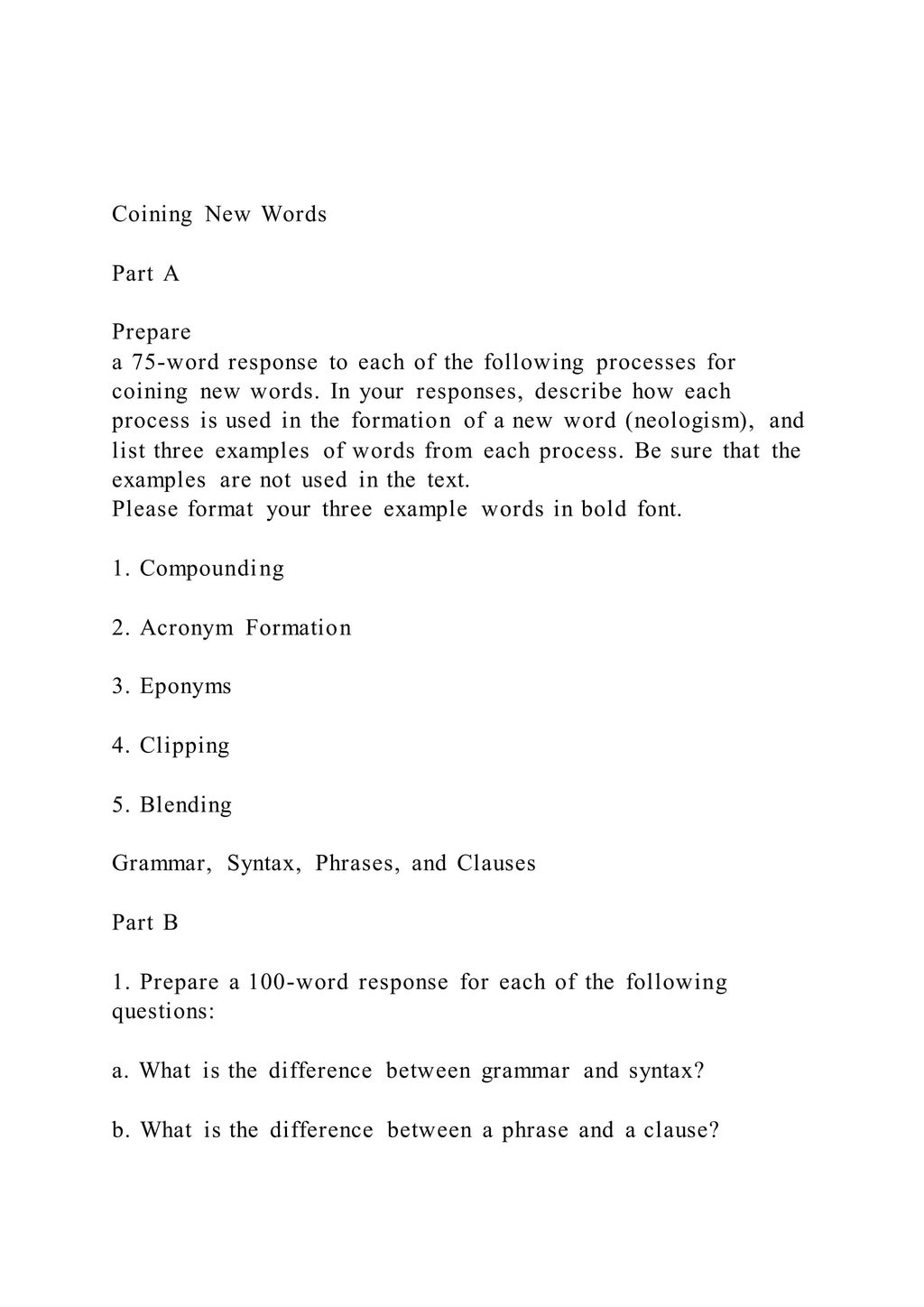Coining New Words Part APrepare a 75-word response to | PDF