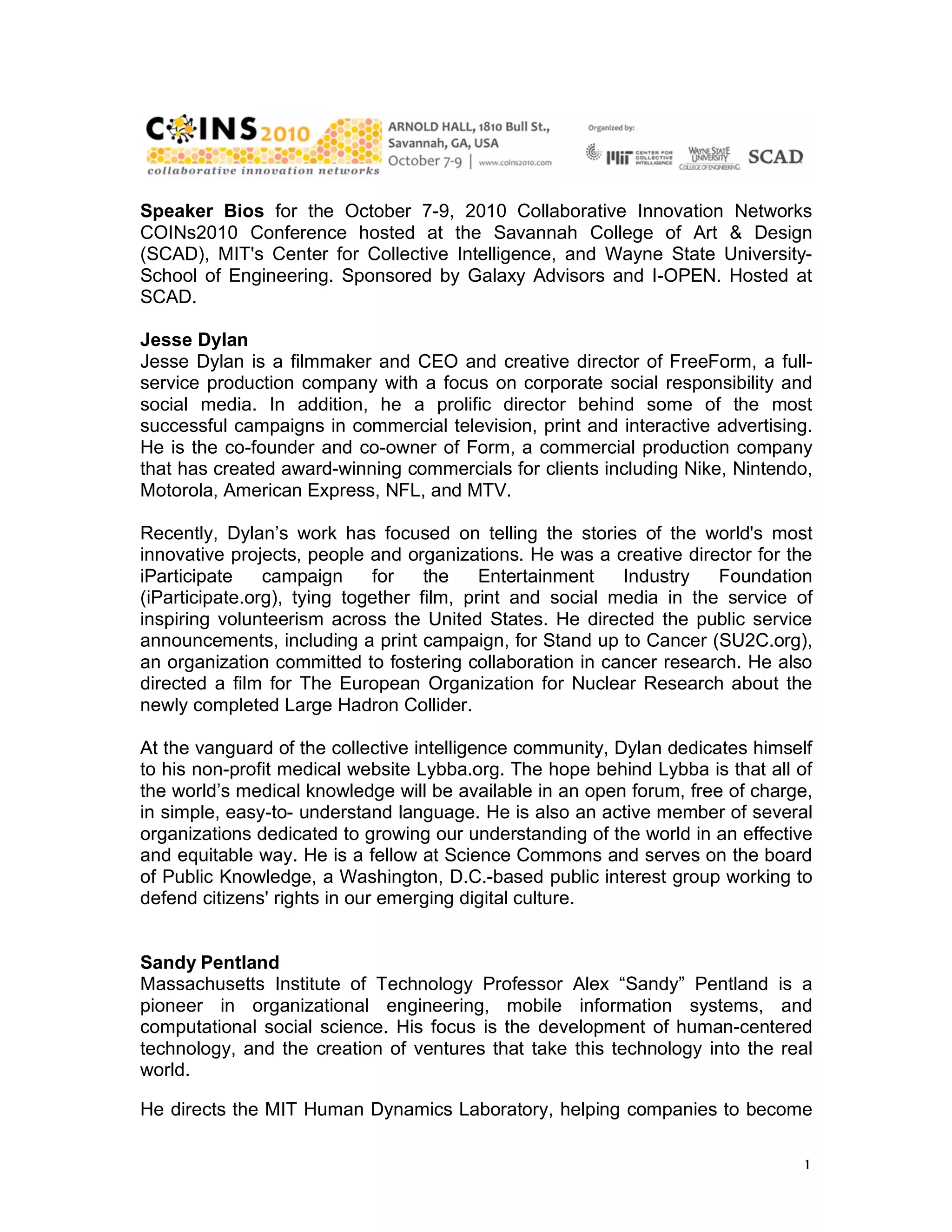 COINs2010 Speaker Bios | PDF | Business | Business and Finance