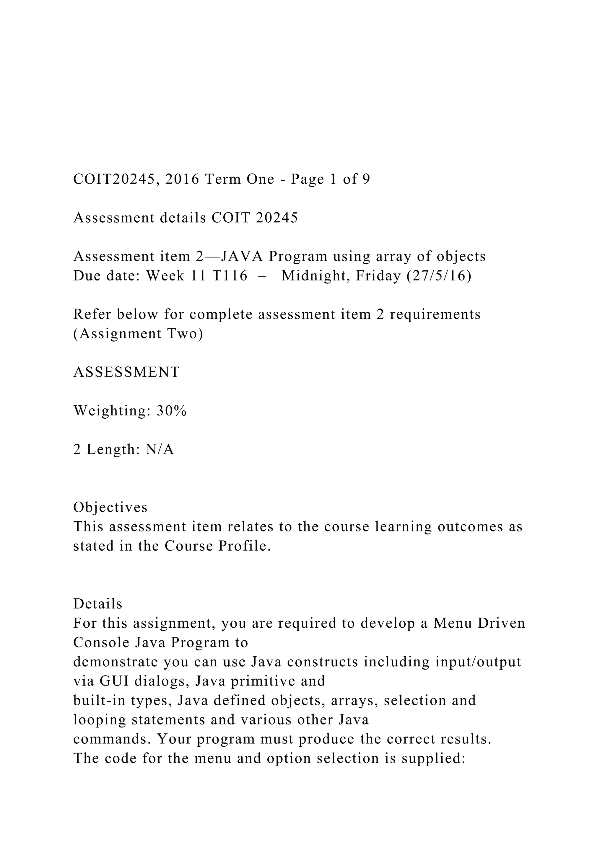 COIT20245, 2016 Term One - Page 1 of 9 Assessment detail.docx