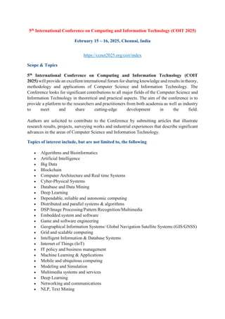 CFP - 5th International Conference on Computing and Information Technology (COIT 2025) | PDF