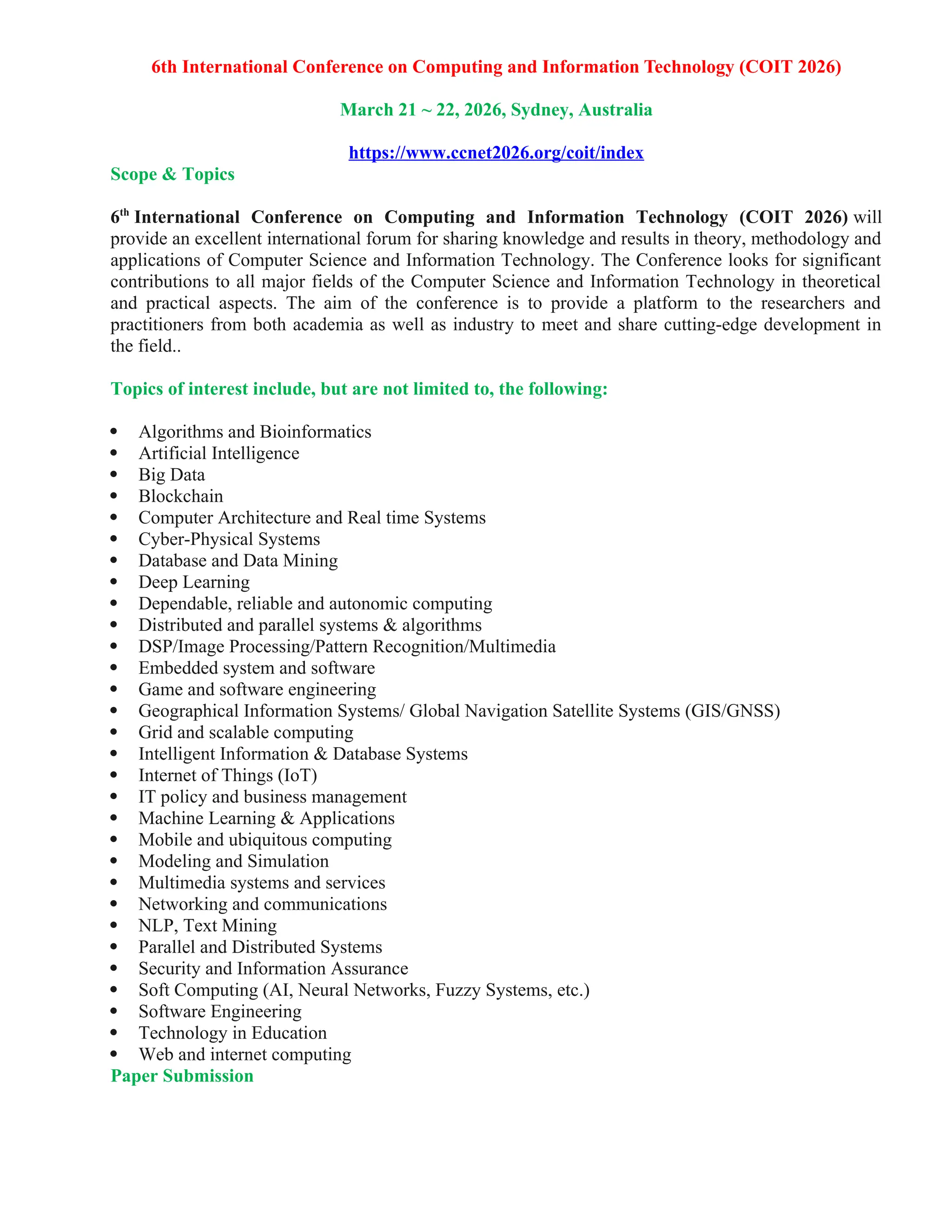 CALL FOR RESEARCH PAPERS...! 6th International Conference on Computing ...