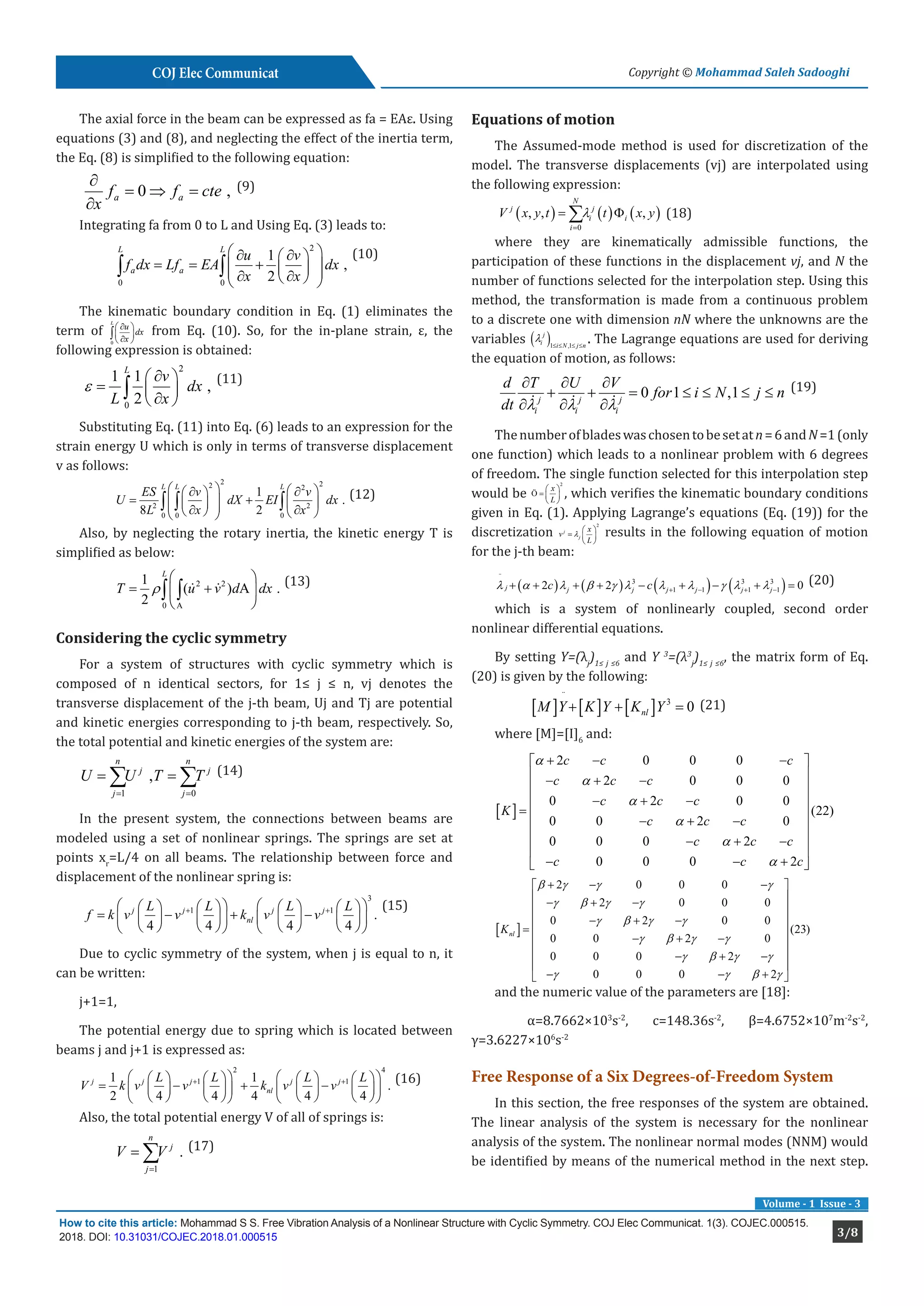 Free Vibration Analysis Of A Nonlinear Structure With Cyclic Symmetry Crimson Publishers Pdf