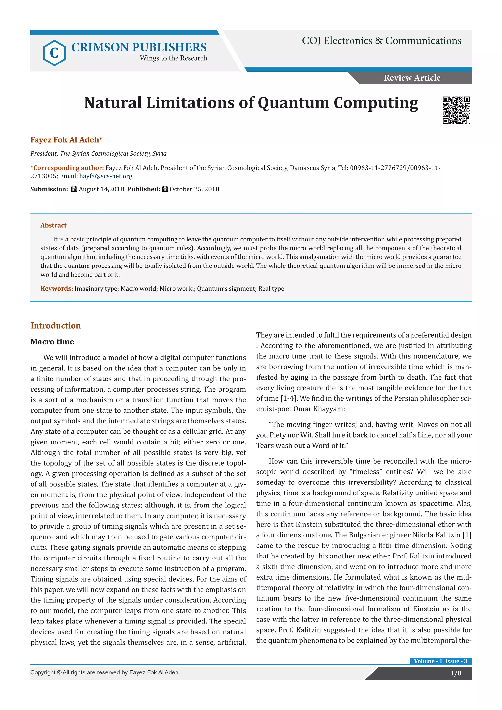 Natural Limitations of Quantum Computing: Crimson Publishers | PDF