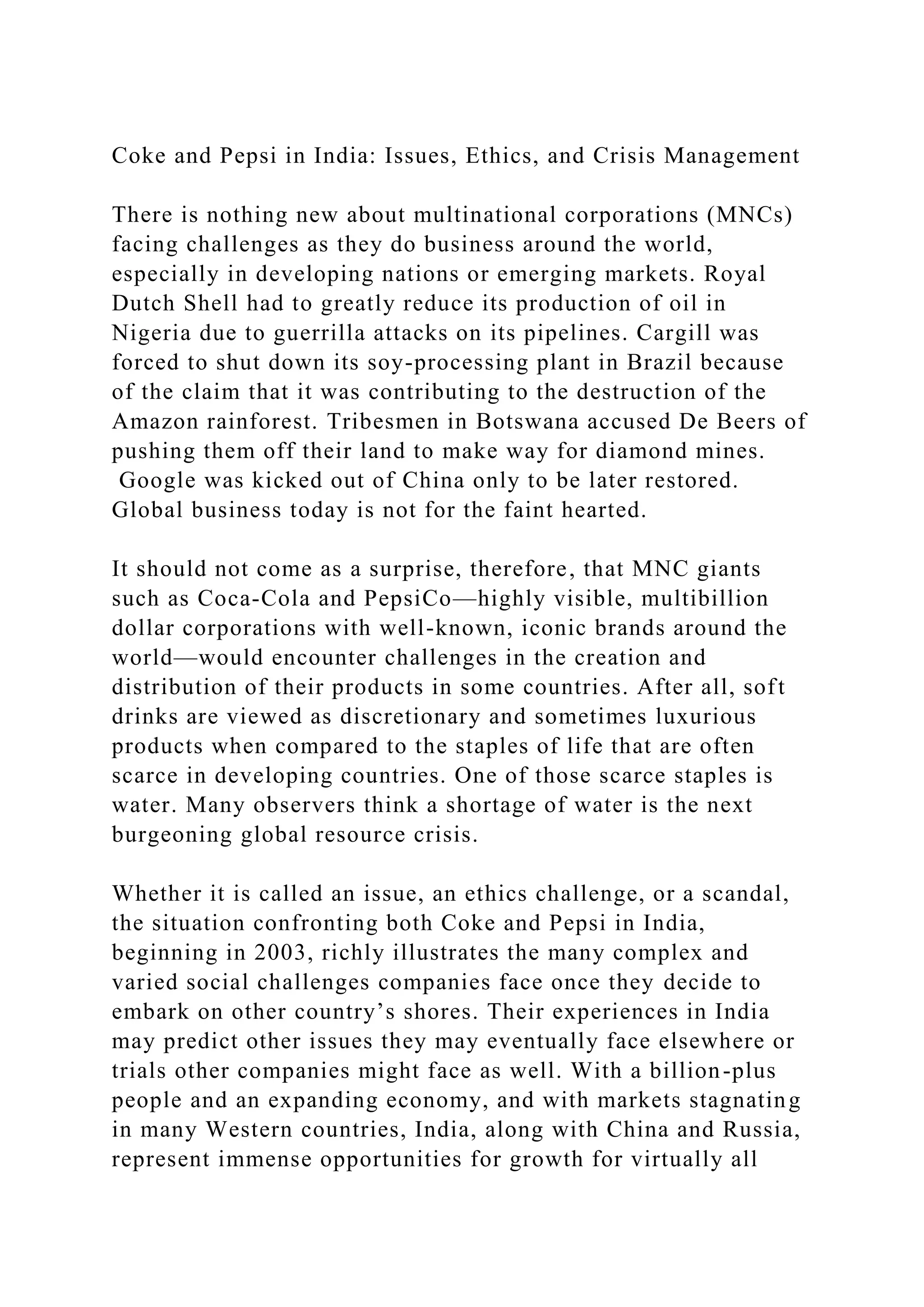 Coke and Pepsi in India Issues, Ethics, and Crisis ManagementTh.docx