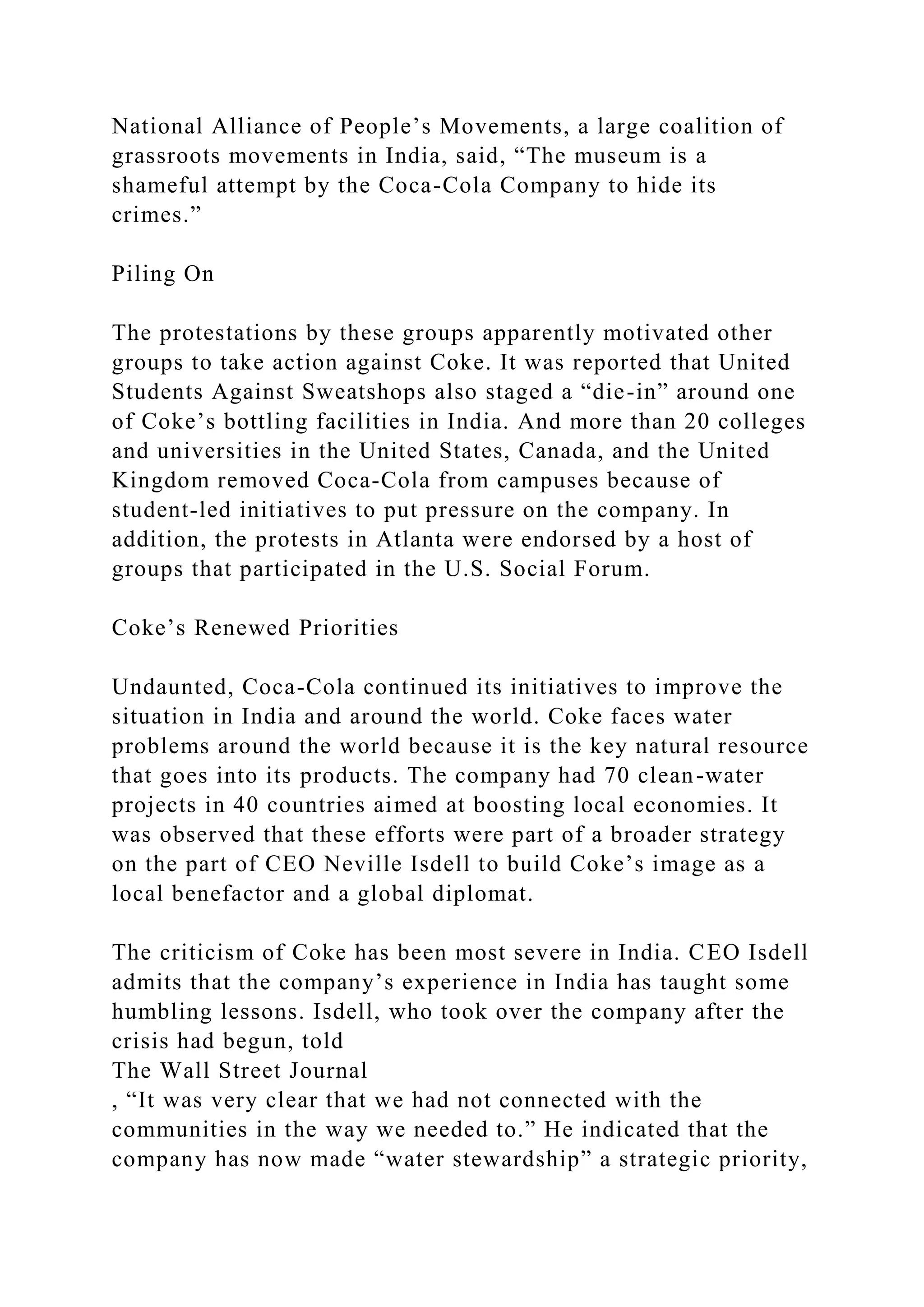 Coke and Pepsi in India Issues, Ethics, and Crisis ManagementTh.docx
