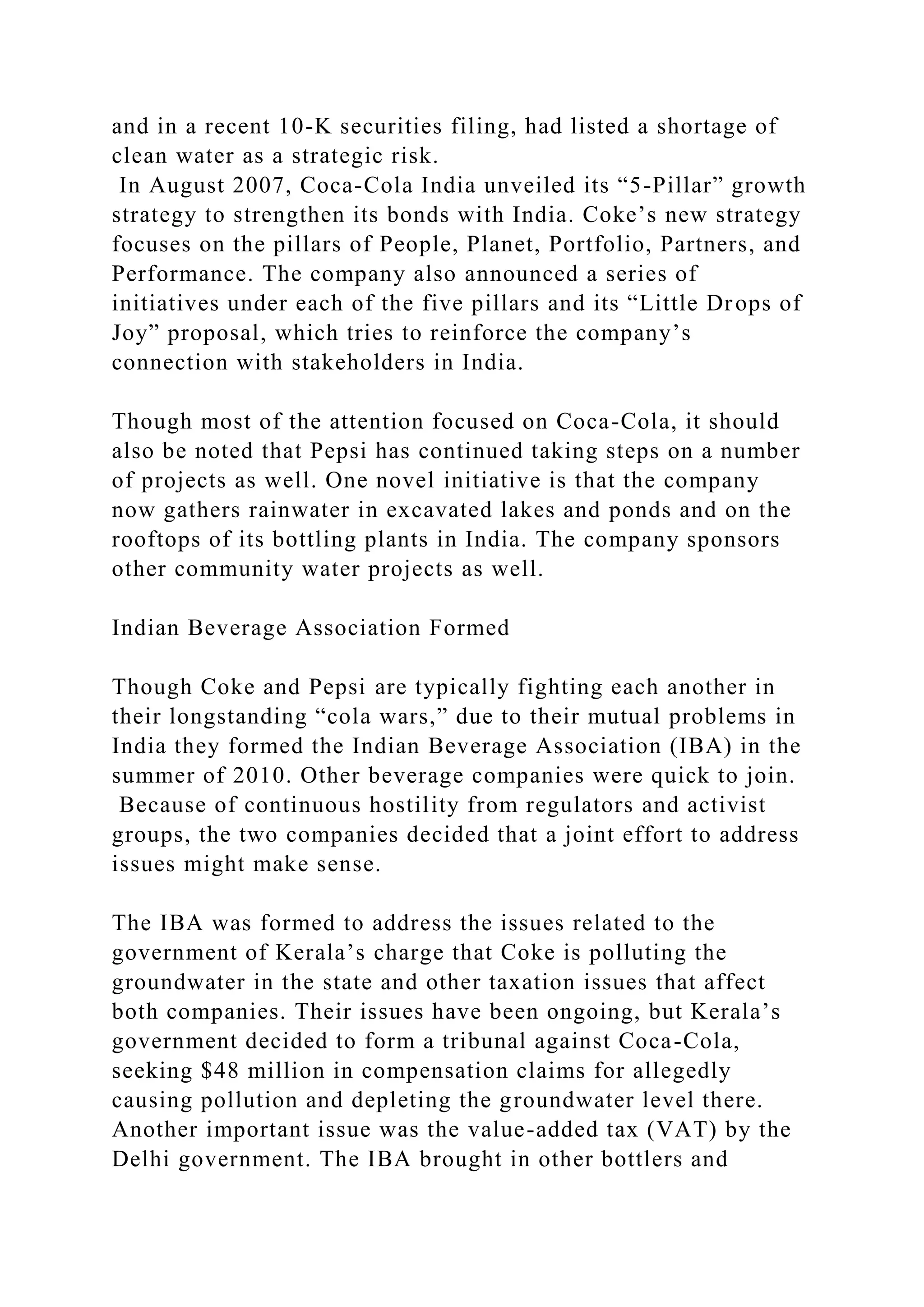 Coke and Pepsi in India Issues, Ethics, and Crisis ManagementTh.docx