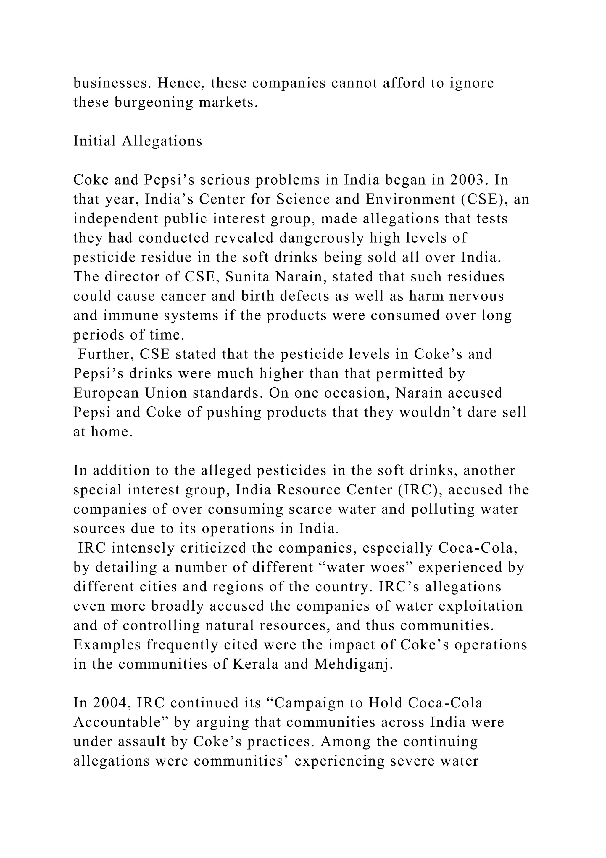 Coke and Pepsi in India Issues, Ethics, and Crisis ManagementTh.docx