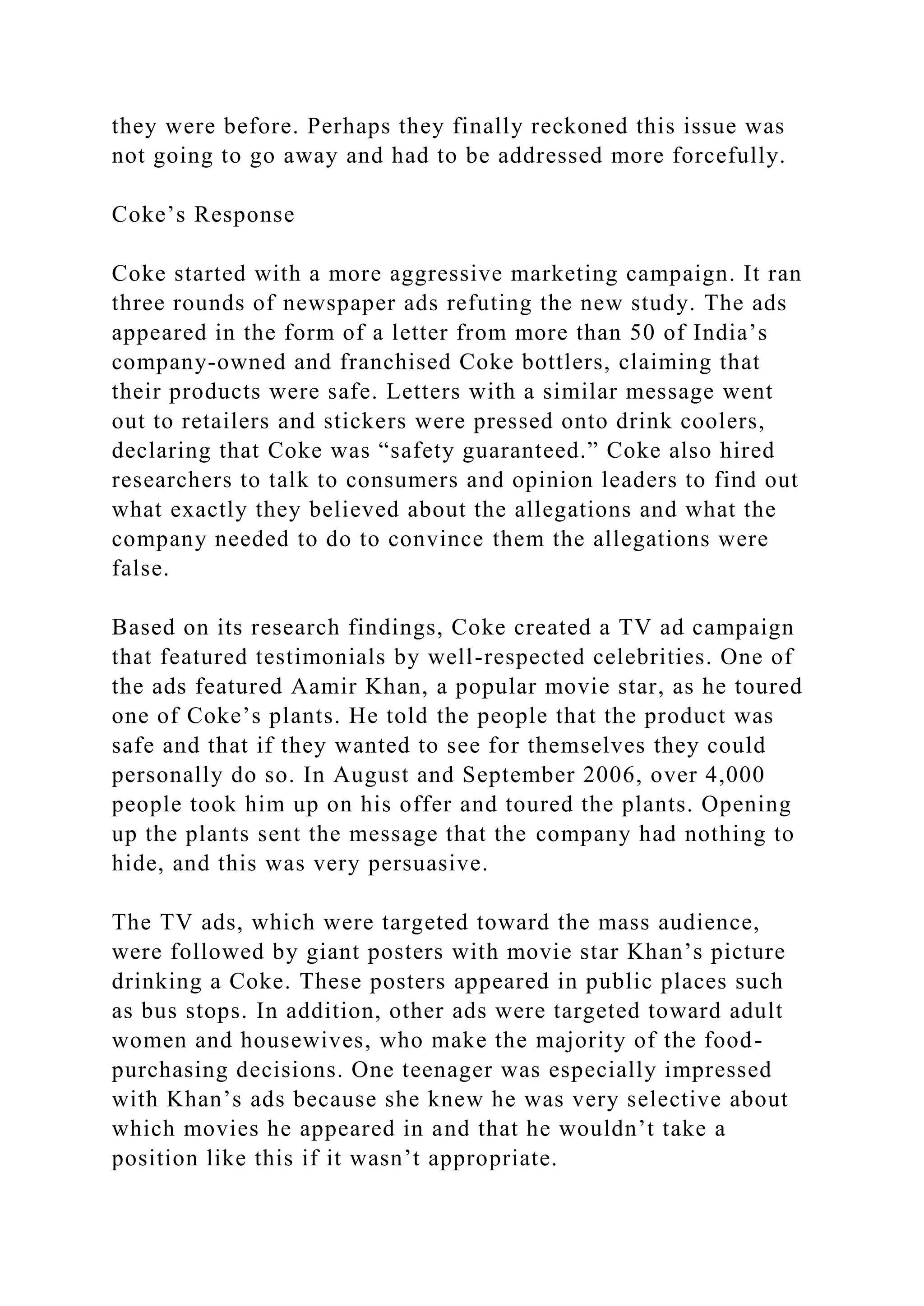 Coke and Pepsi in India Issues, Ethics, and Crisis ManagementTh.docx