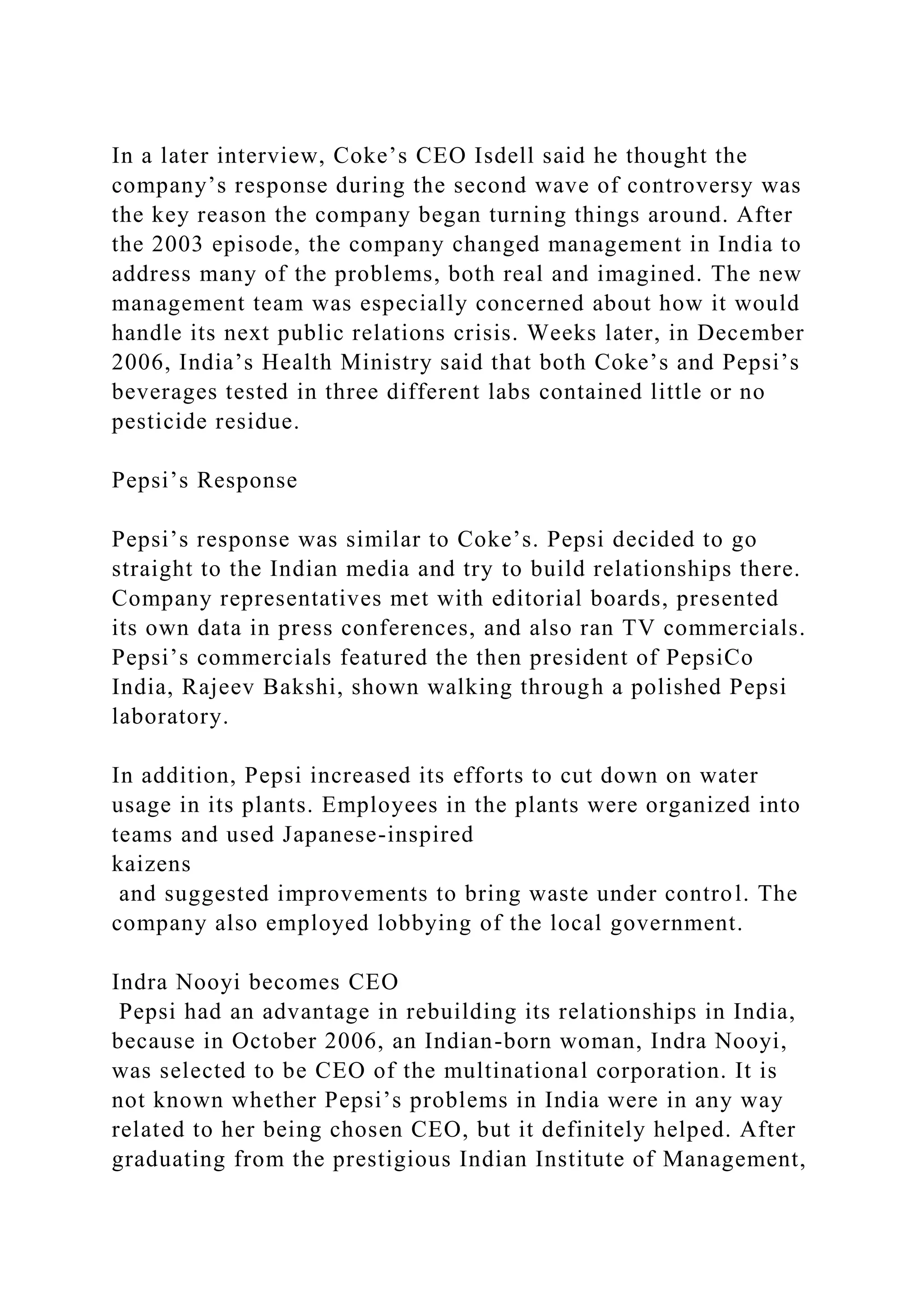 Coke and Pepsi in India Issues, Ethics, and Crisis ManagementTh.docx