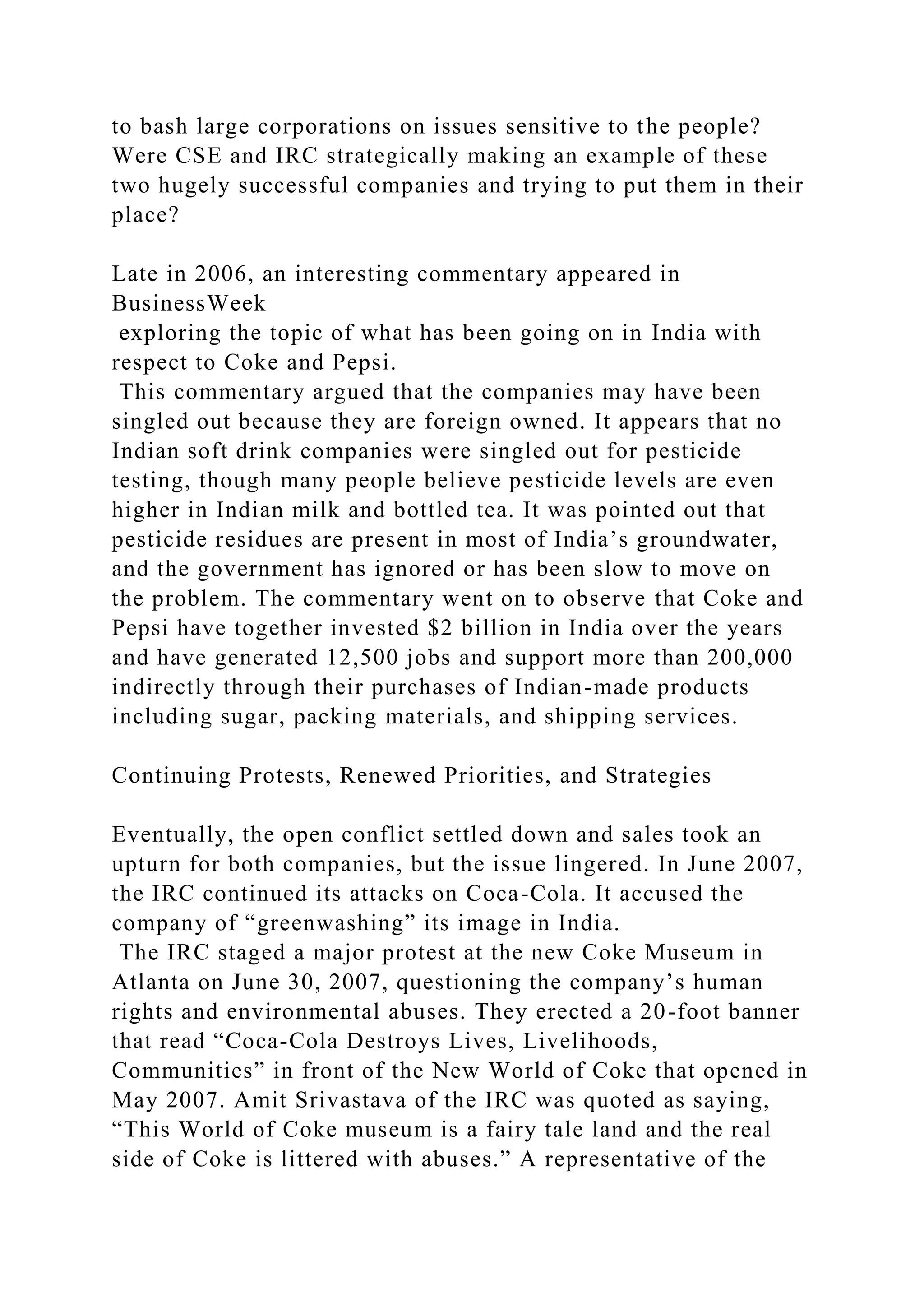 Coke and Pepsi in India Issues, Ethics, and Crisis ManagementTh.docx