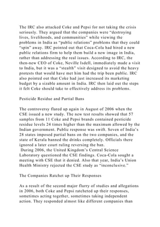 Coke and Pepsi in India Issues, Ethics, and Crisis ManagementTh.docx