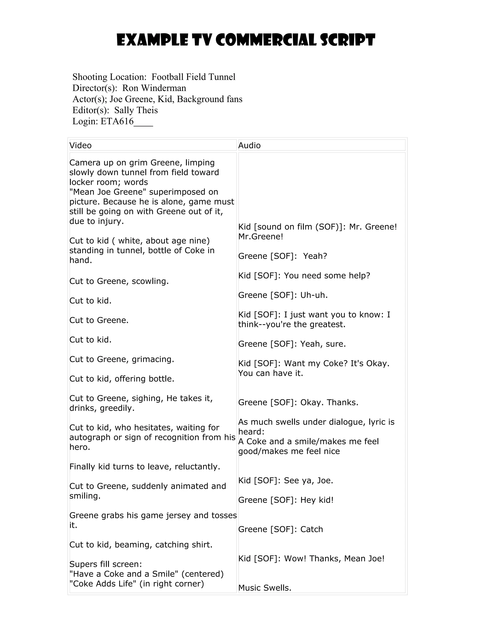 Mean Joe Greene gives jersey to fan in Coca-Cola commercial script | PDF