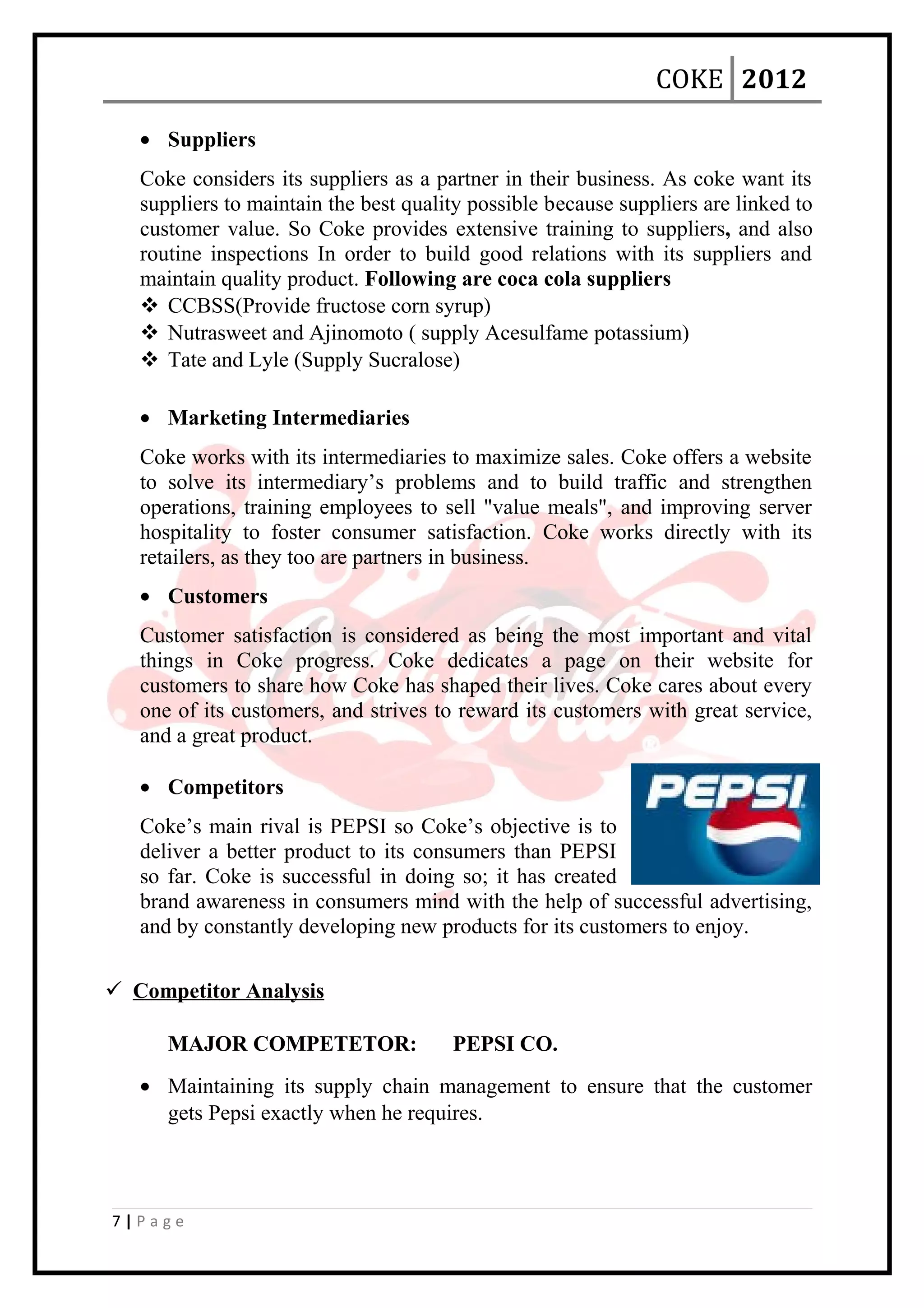 Coke Pakistan Marketing Analysis project (SWOT) | DOC