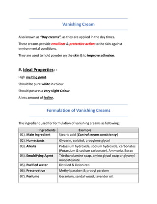 Cold Cream & Vanishing Cream Assignement (Industrial Pharmacy) | PDF