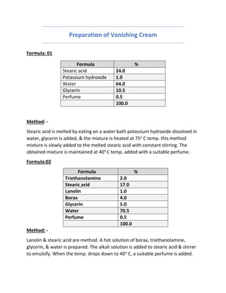 Cold Cream & Vanishing Cream Assignement (Industrial Pharmacy) | PDF
