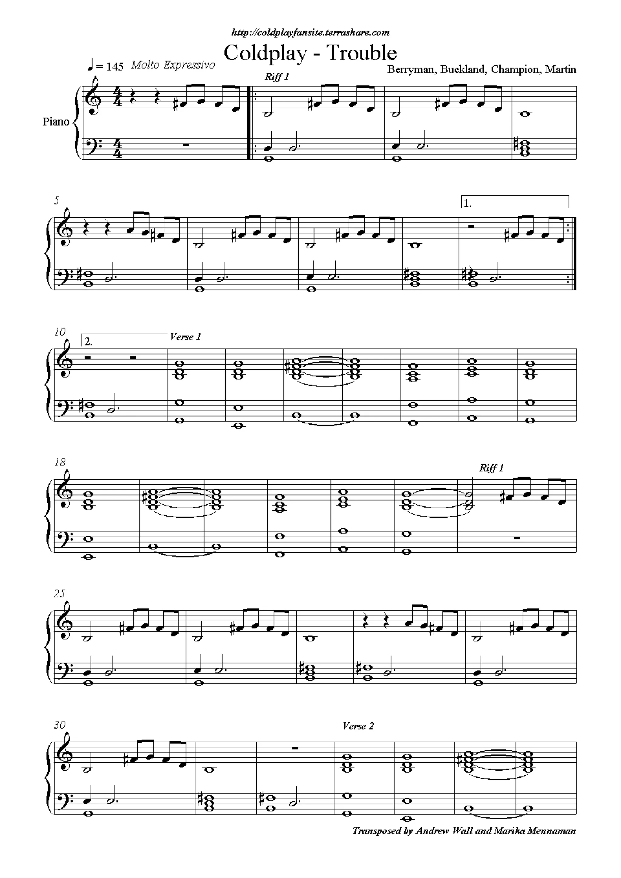 Coldplay trouble sheet music | PDF