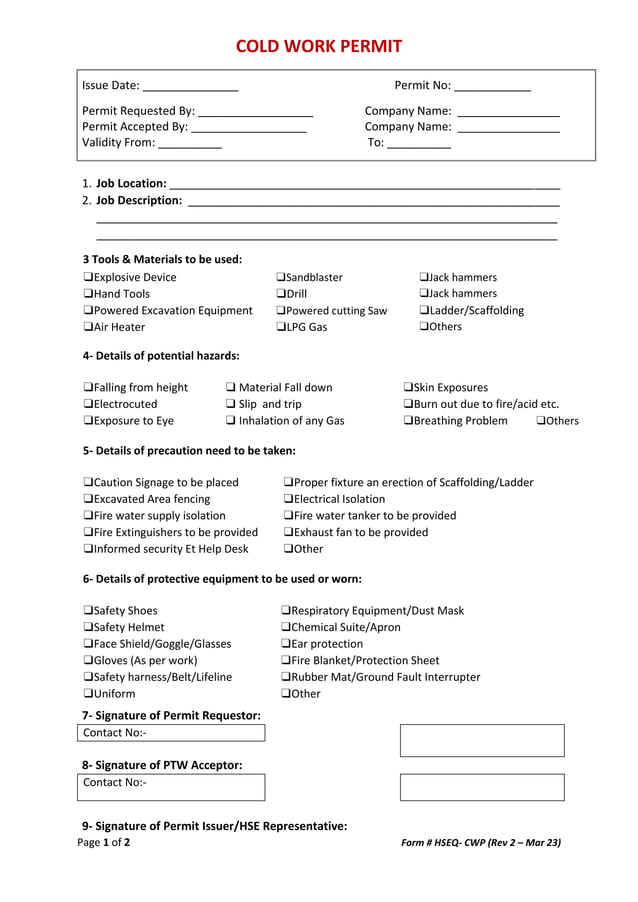 COLD WORK PERMIT Form # HSEQ - CWP Rev 2.docx | Lung and Respiratory ...