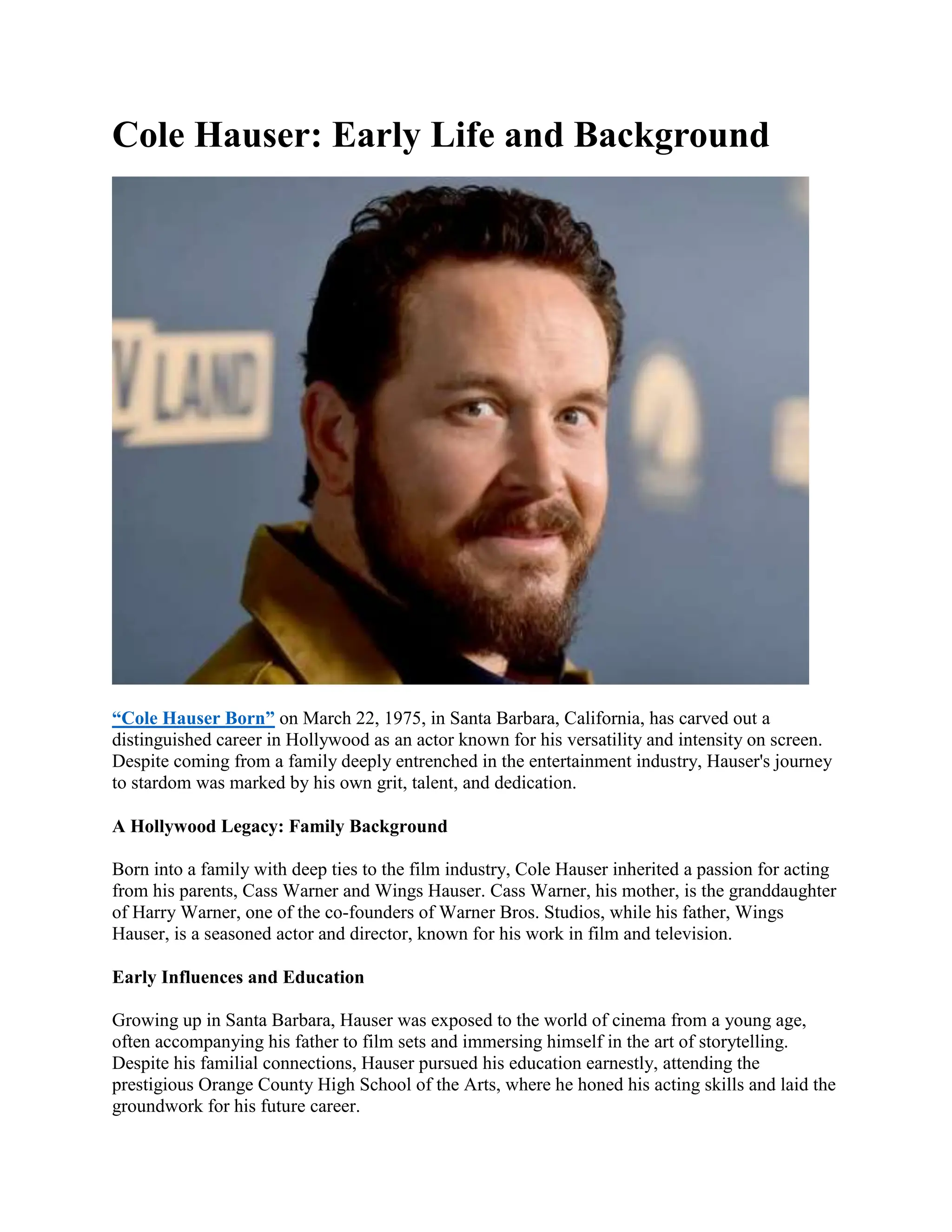 Cole Hauser: Early Life and Background.. | DOCX