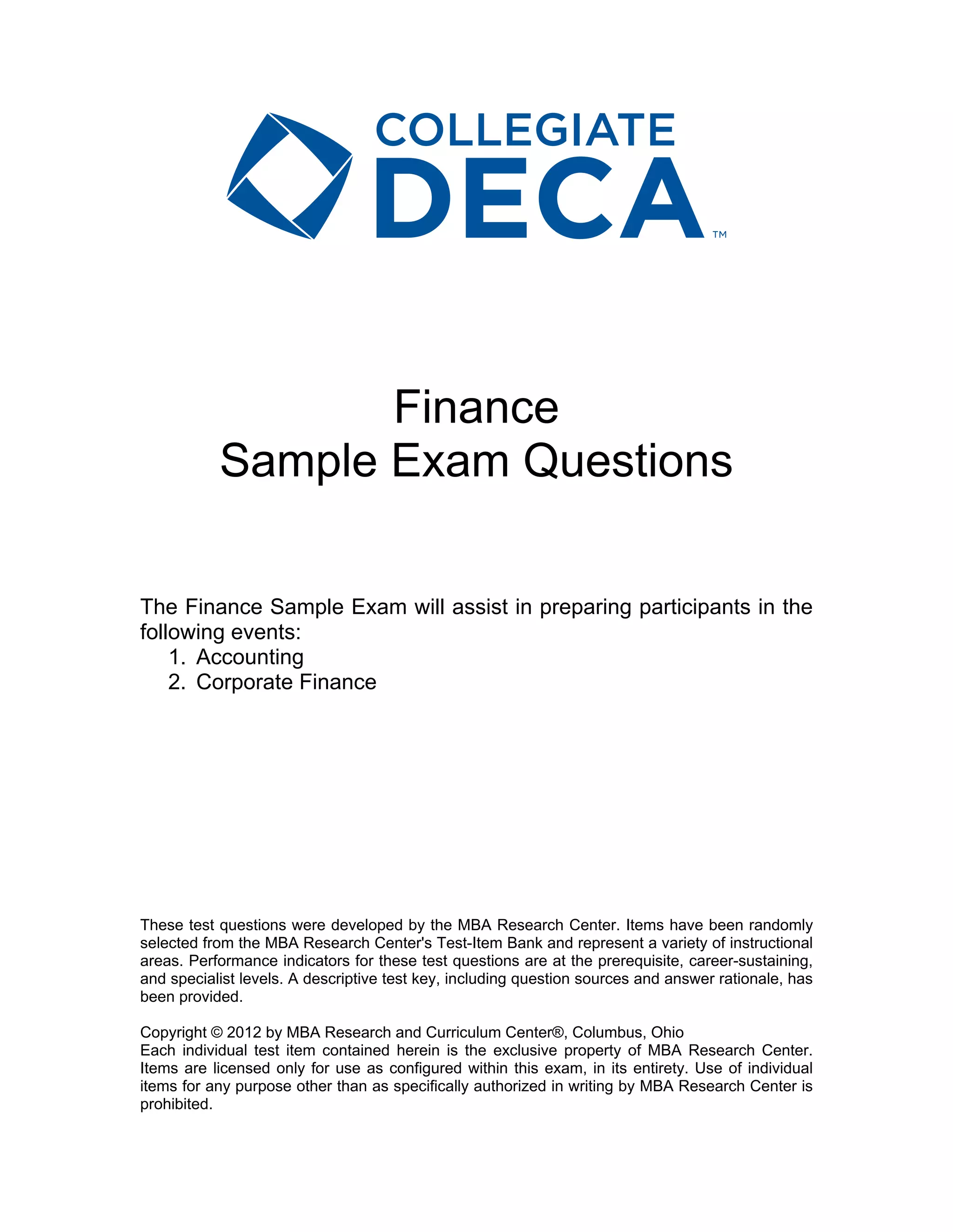 Col finance sample_exam | PDF
