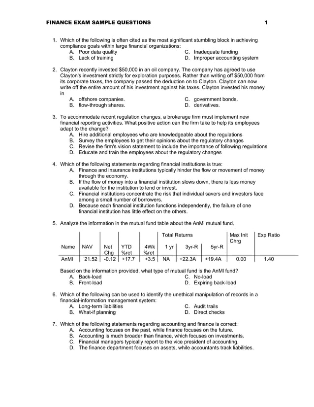 Col finance sample_exam | PDF