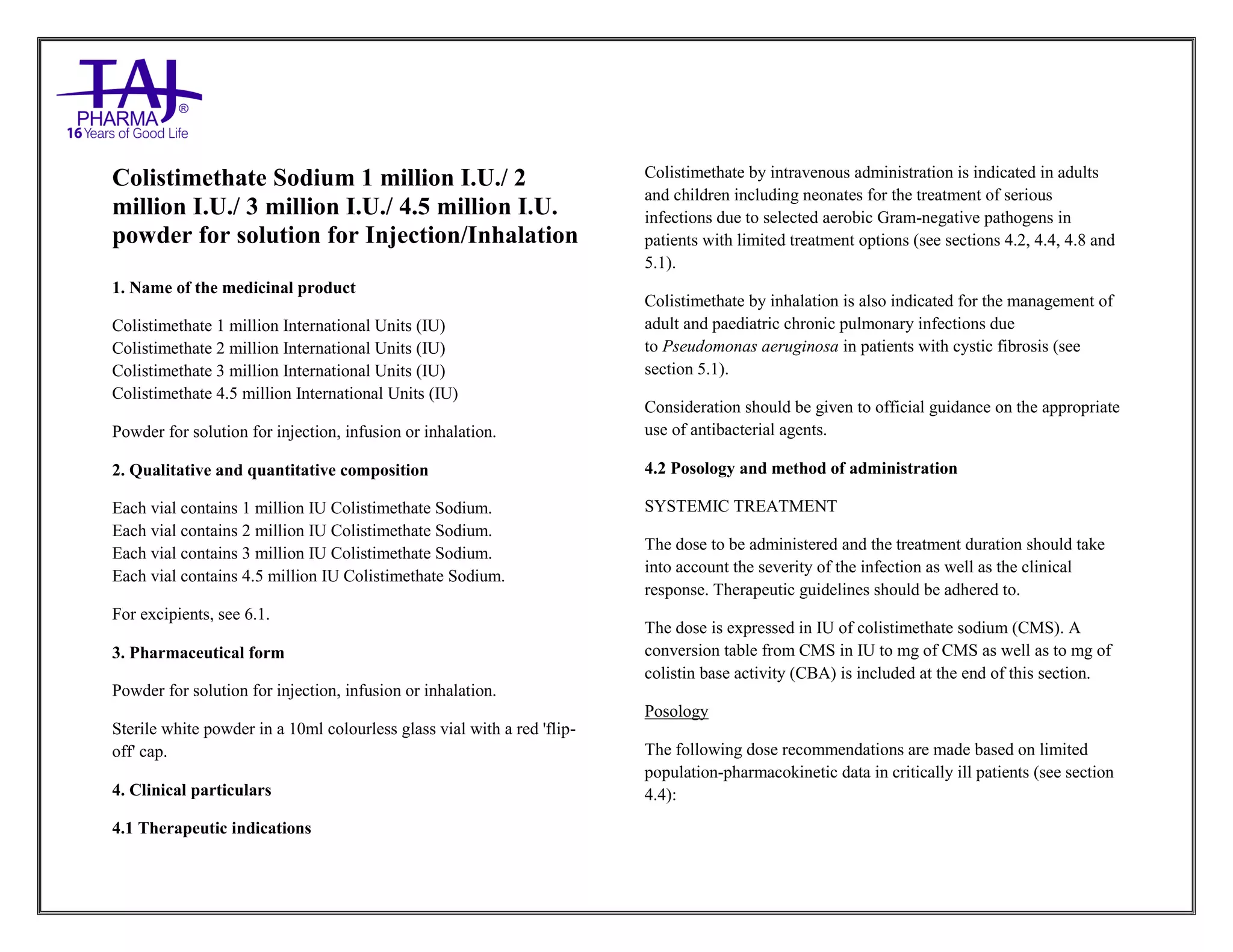 Colistimethate Sodium for Injection Taj Pharma SmPC | PDF