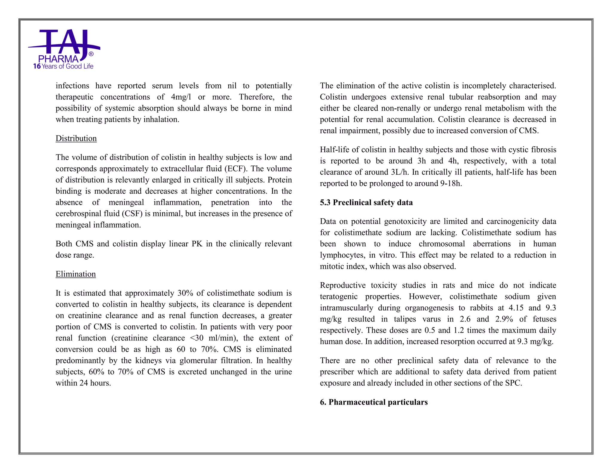 Colistimethate Sodium for Injection Taj Pharma SmPC | PDF