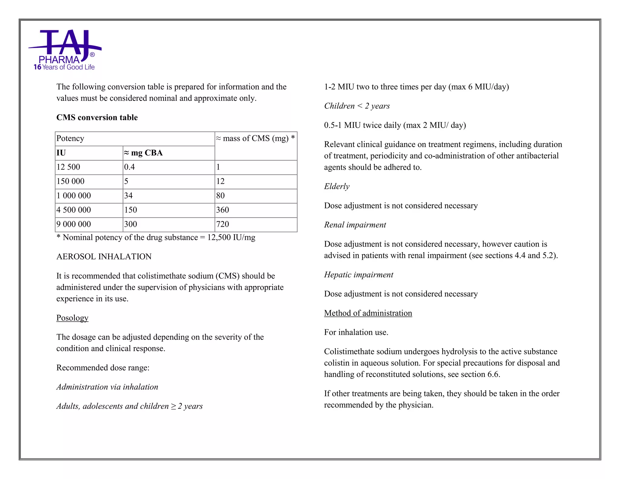Colistimethate Sodium for Injection Taj Pharma SmPC | PDF