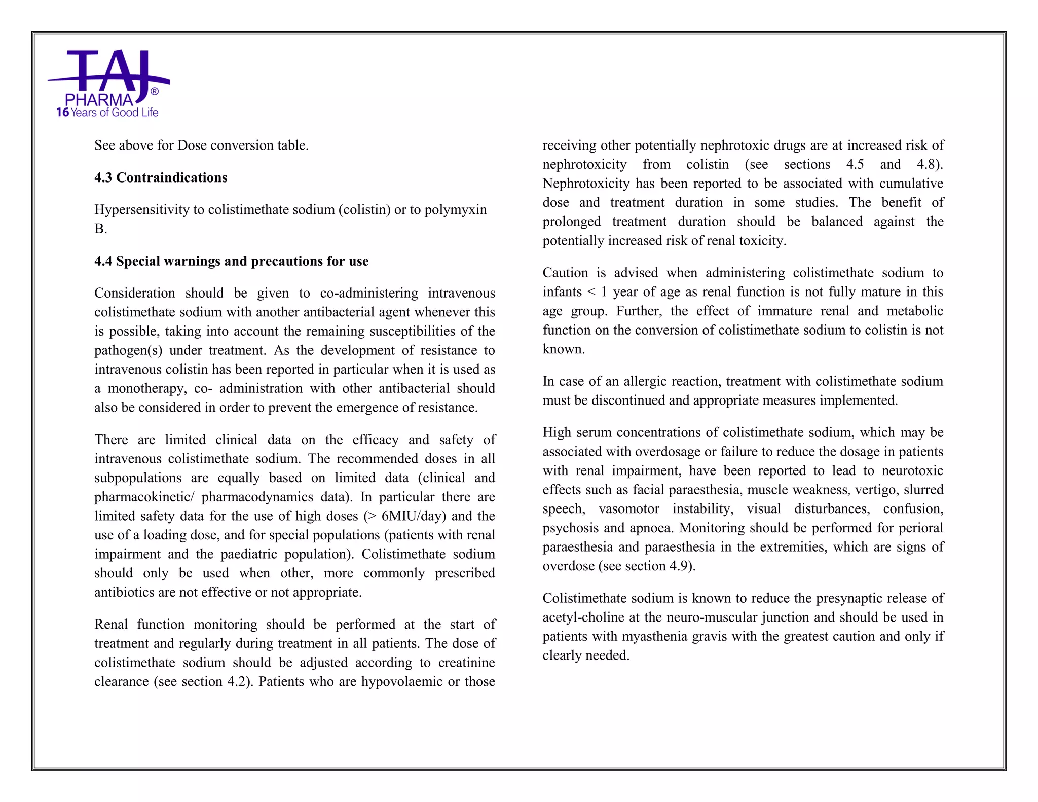 Colistimethate Sodium for Injection Taj Pharma SmPC | PDF