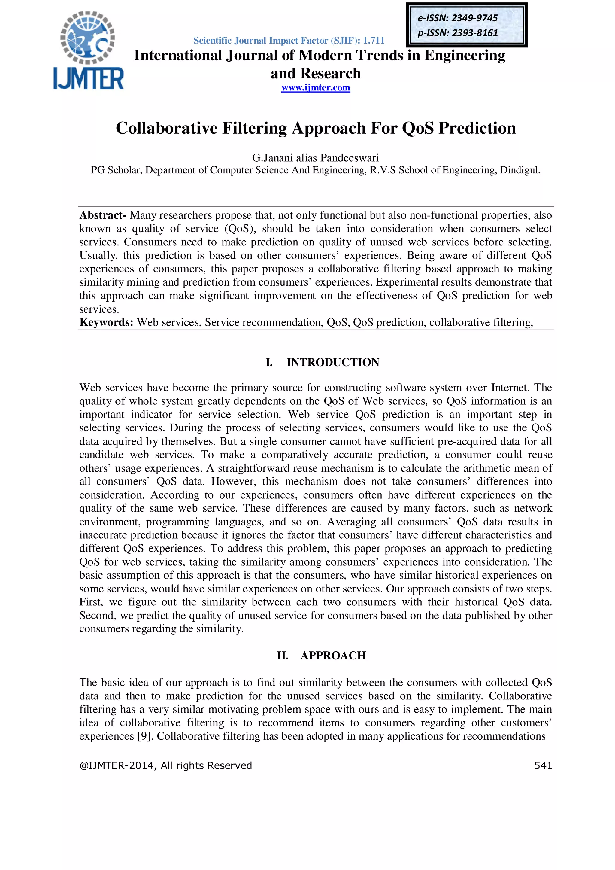 Collaborative Filtering Approach For QoS Prediction | PDF