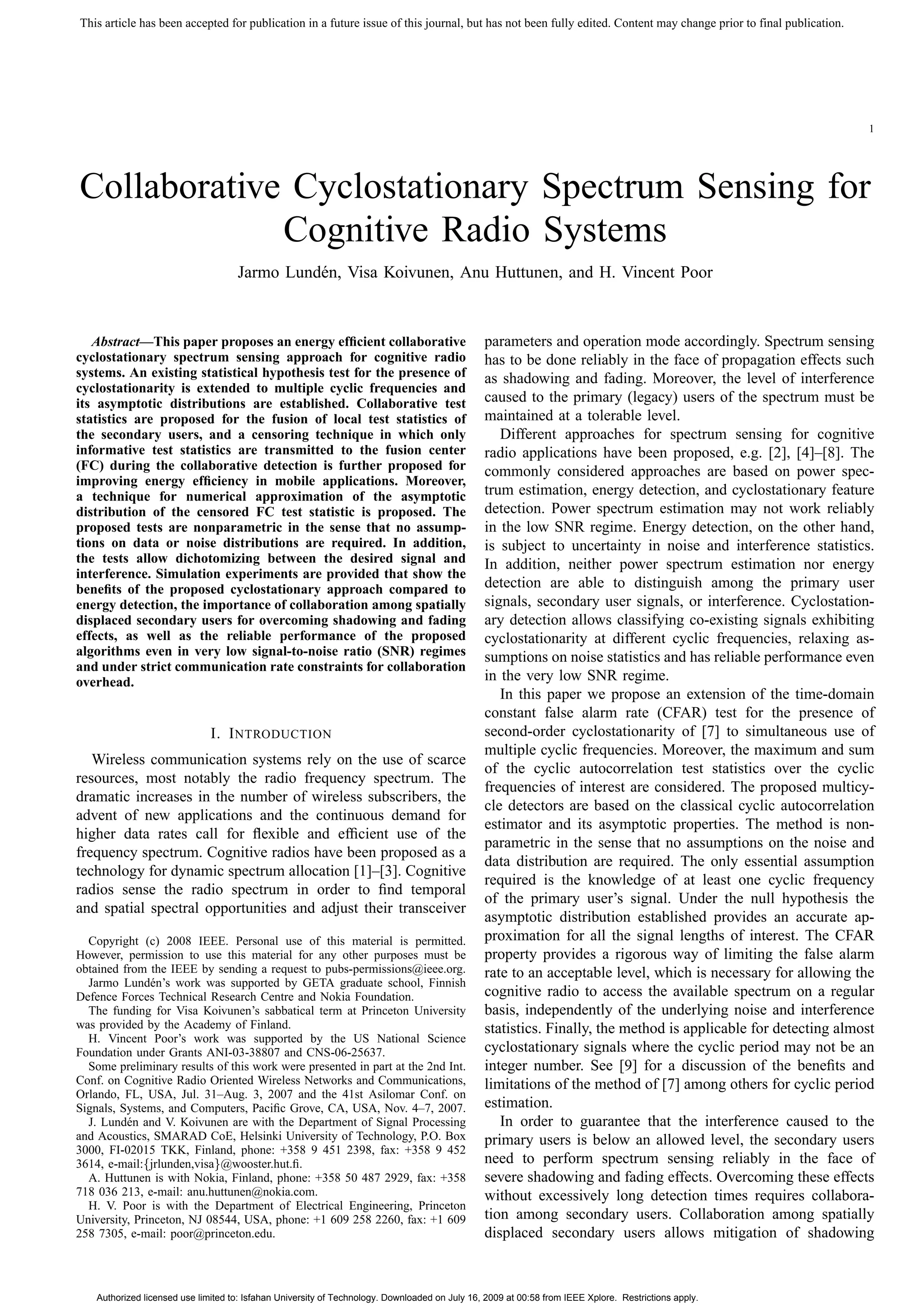 Collaborative Cyclostationary Spectrum Sensing For Cognitive Radio