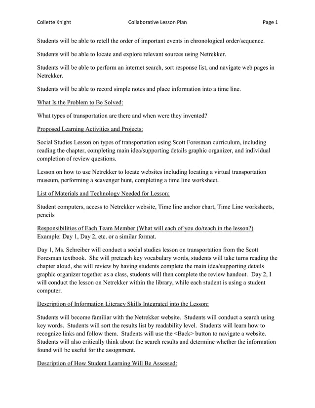 Collaborative lesson plan example | PDF | Educational Assessment ...