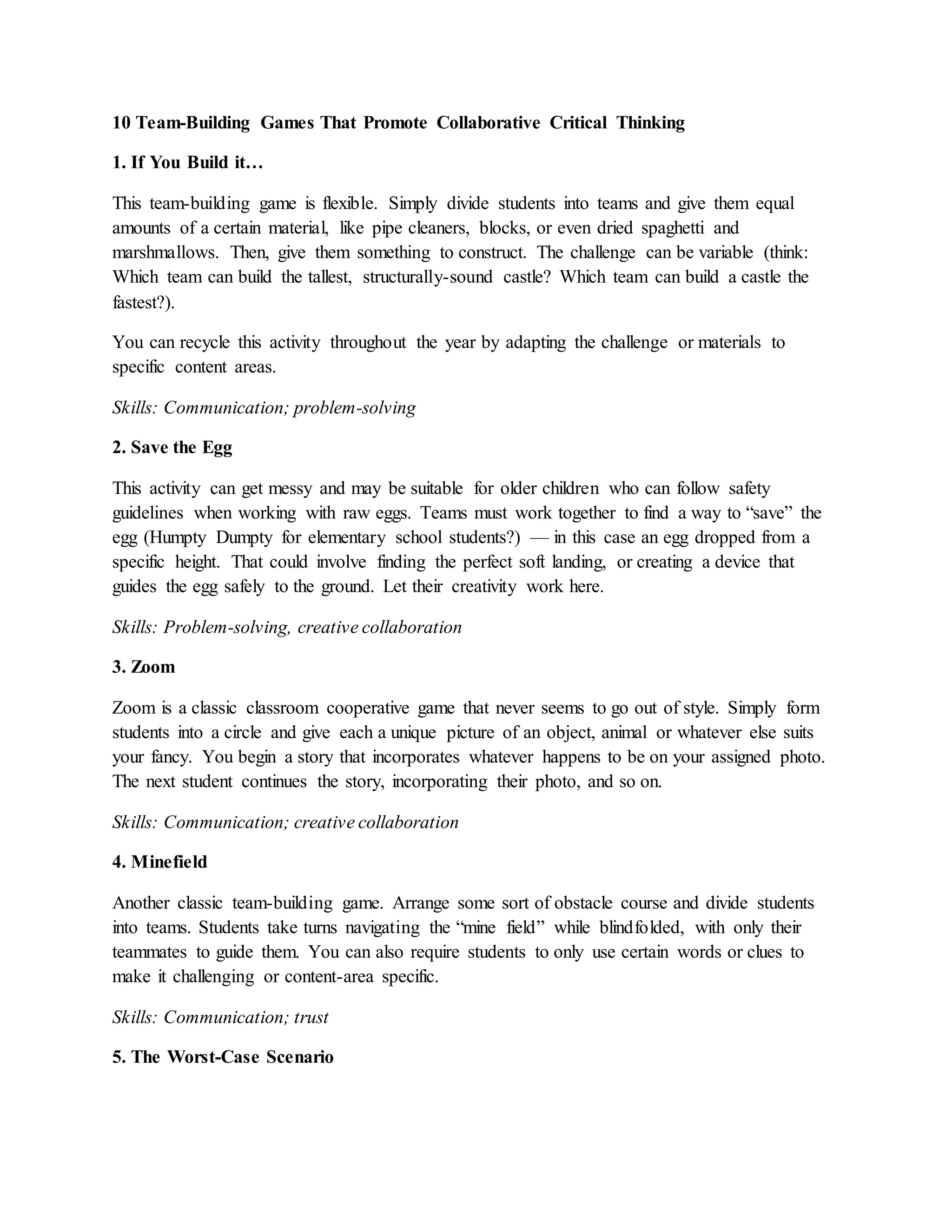 Collaborative team building games | DOCX