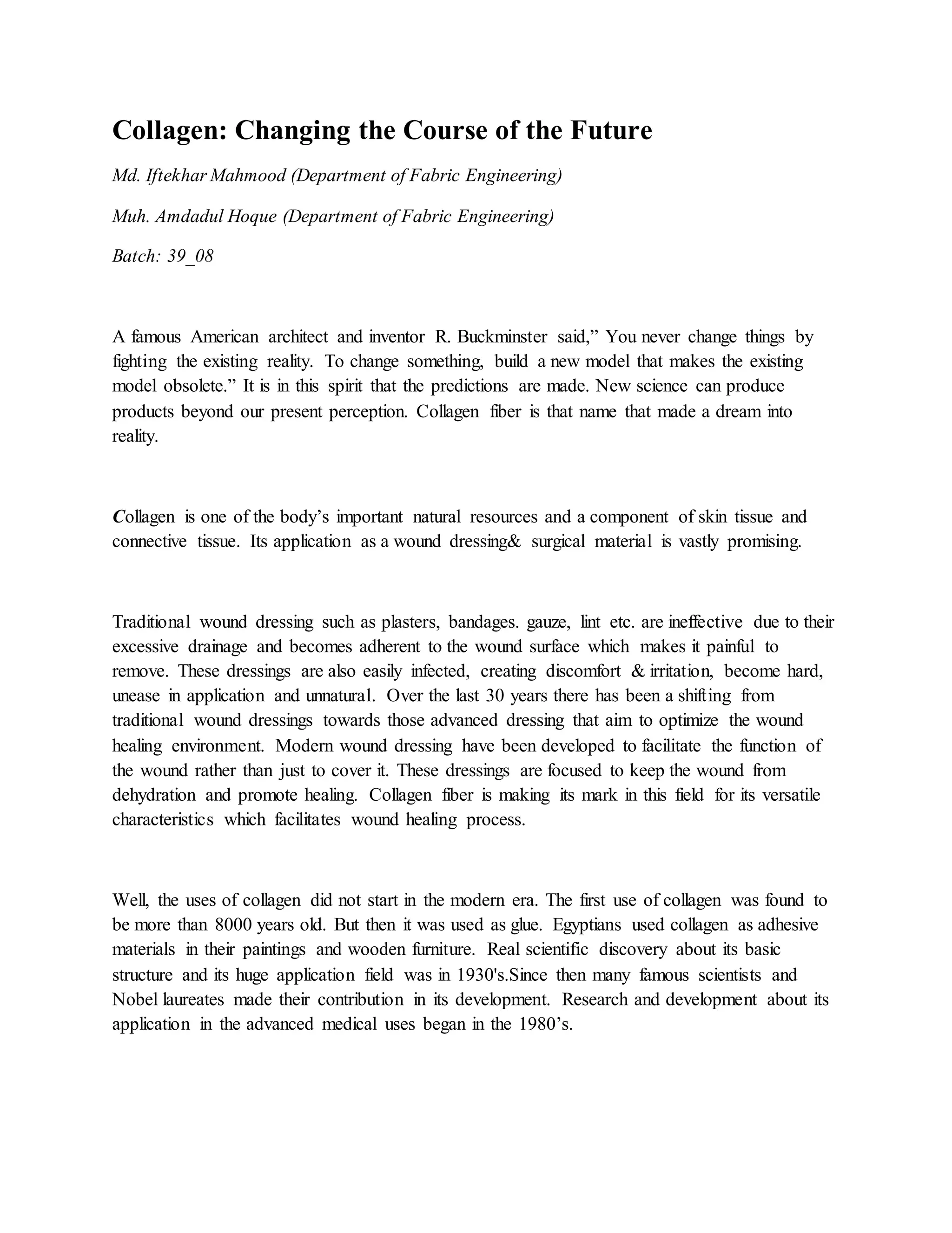 Collagen changing the course of the future by Md.Iftekhar Mahmood & Muh. Amdadul Hoque | PDF