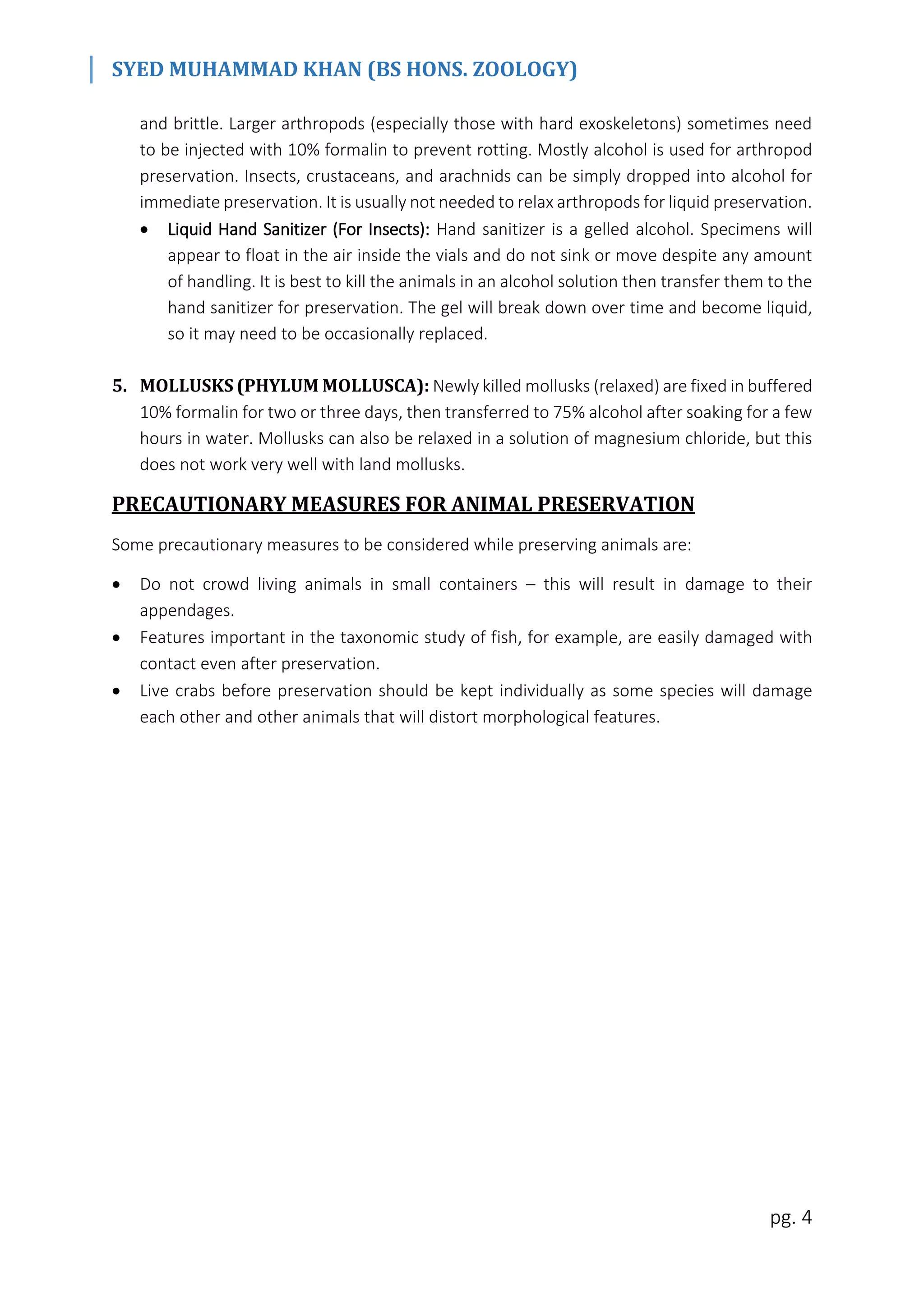 Collection & Preservation of Animal Specimens | PDF