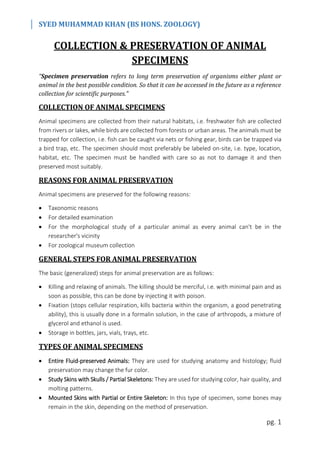 Collection & Preservation of Animal Specimens | PDF