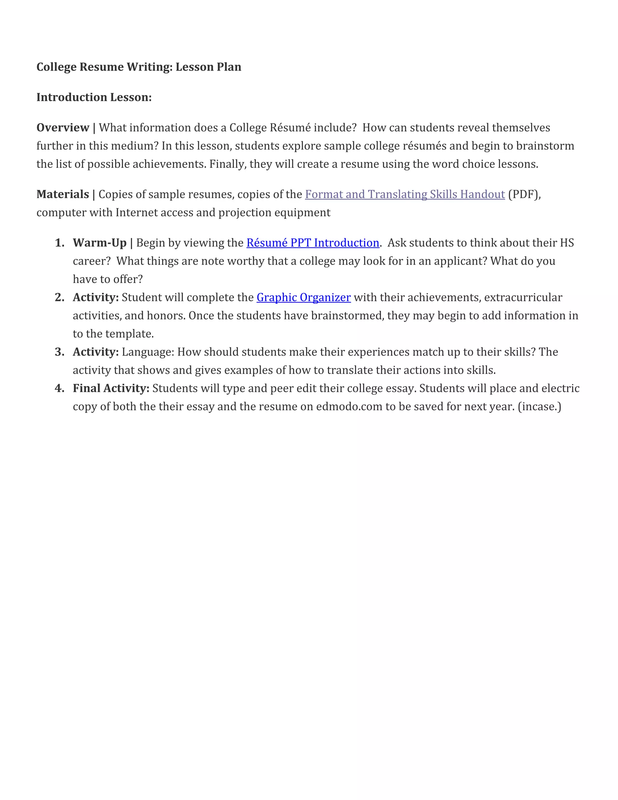 College essay lesson plan | DOCX