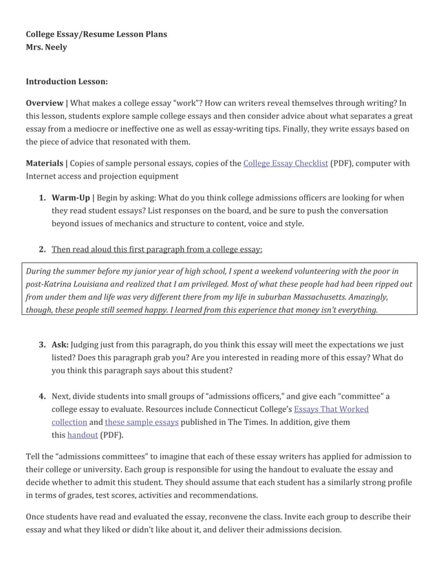 College essay lesson plan | DOCX