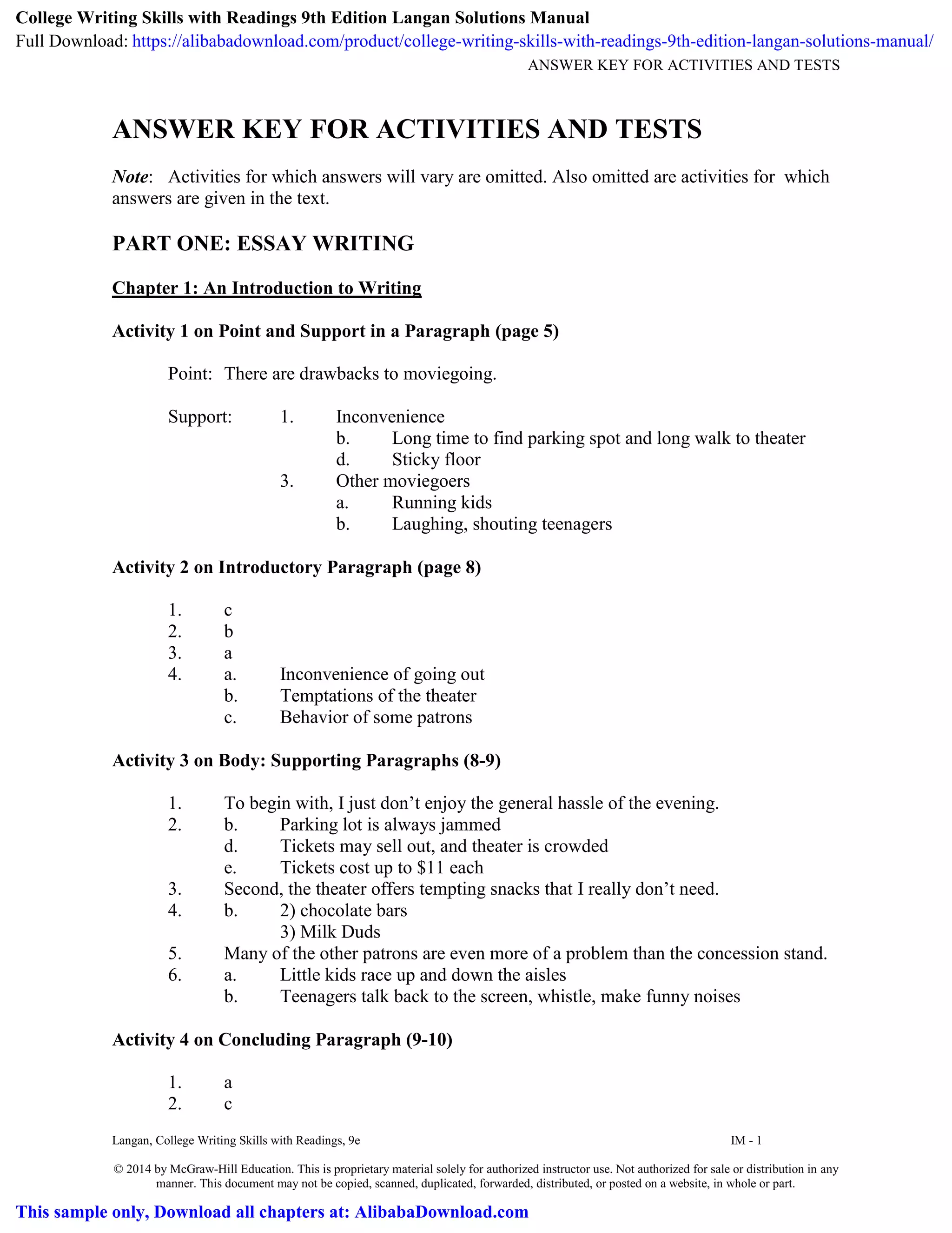 College Writing Skills with Readings 9th Edition Langan Solutions ...