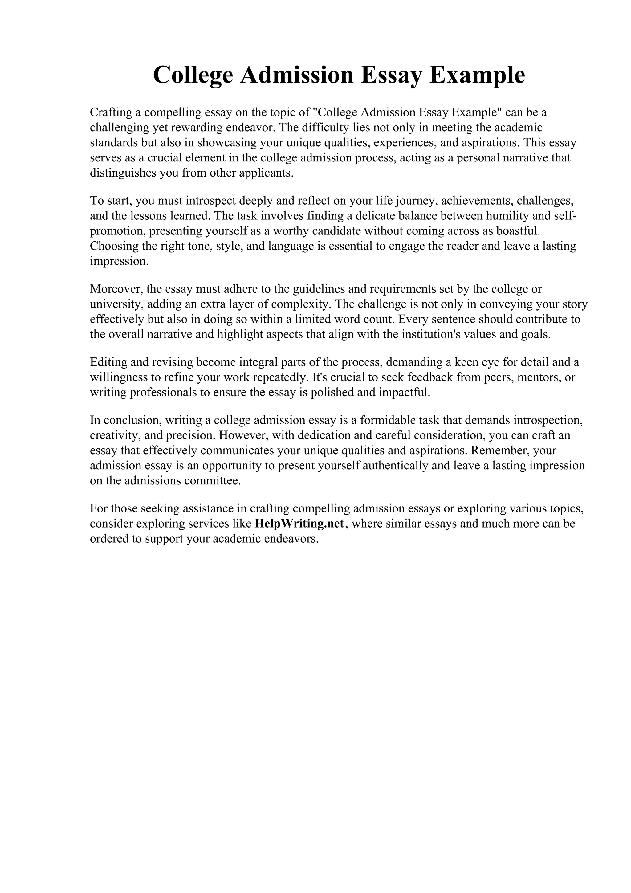 College Admission Essay Example Pdf