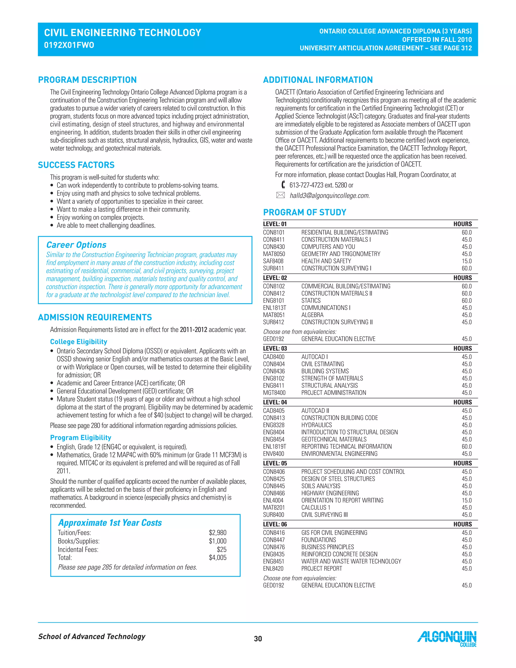 College calendar 2010 11 for Algonquin College | PDF
